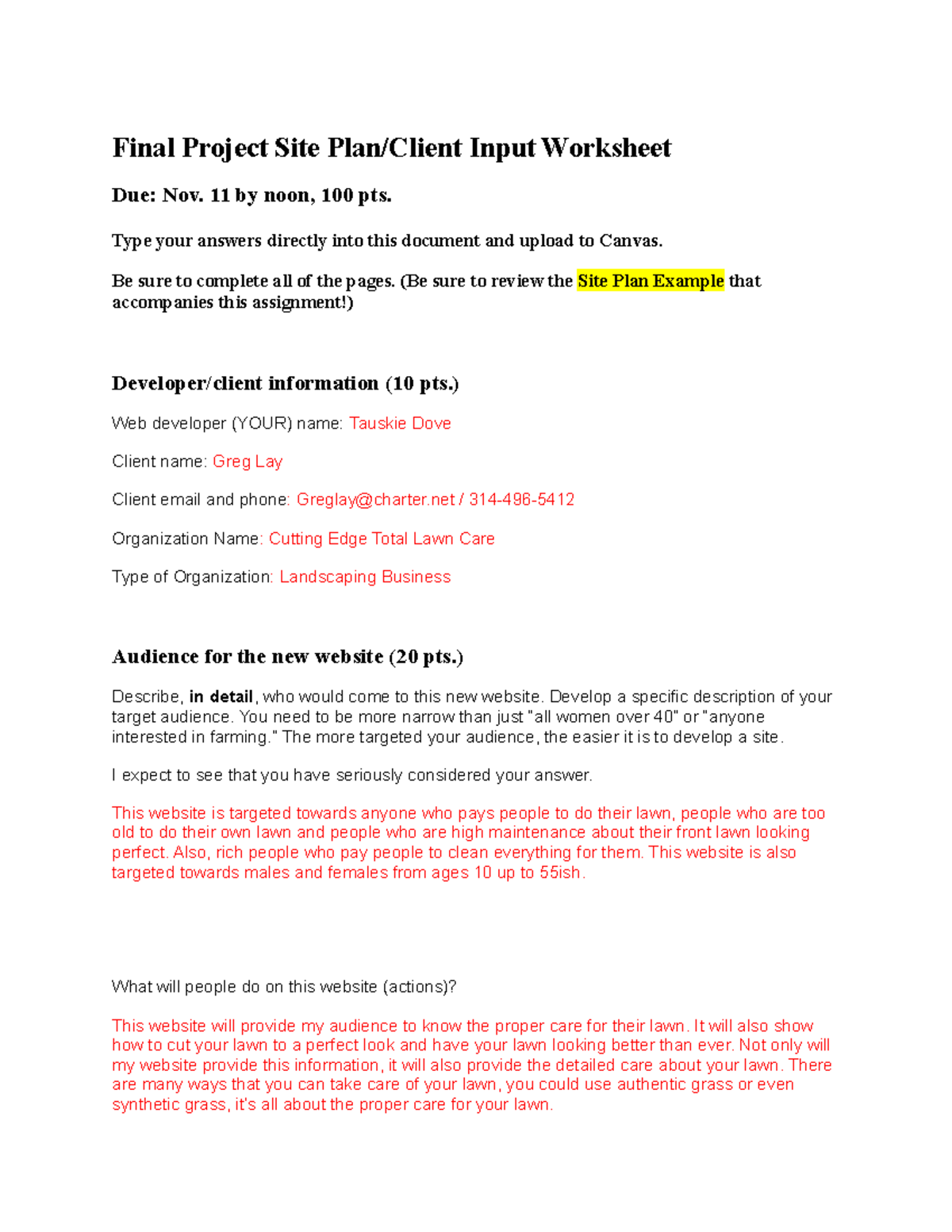 Final Project Site Plan Client Input Worksheet - Final Project Site ...