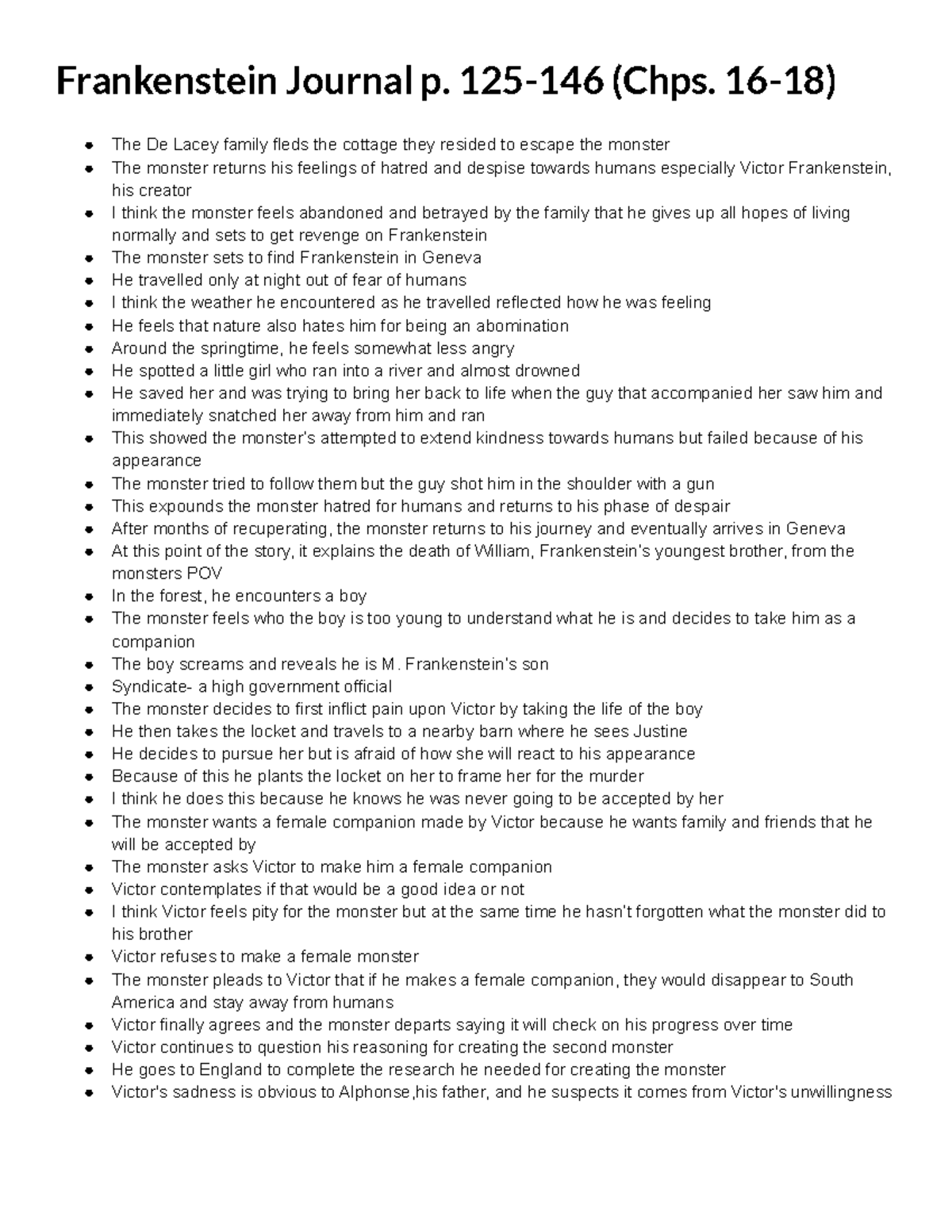 Frankenstein Journal p. 125-146 (Chps. 16-18) - Frankenstein Journal p ...