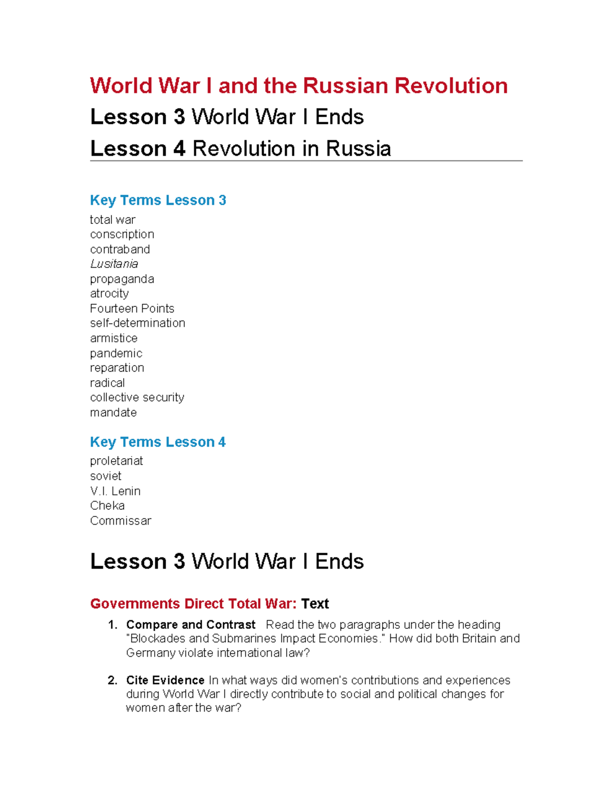 10 - Work from student for examples - World War I and the Russian ...