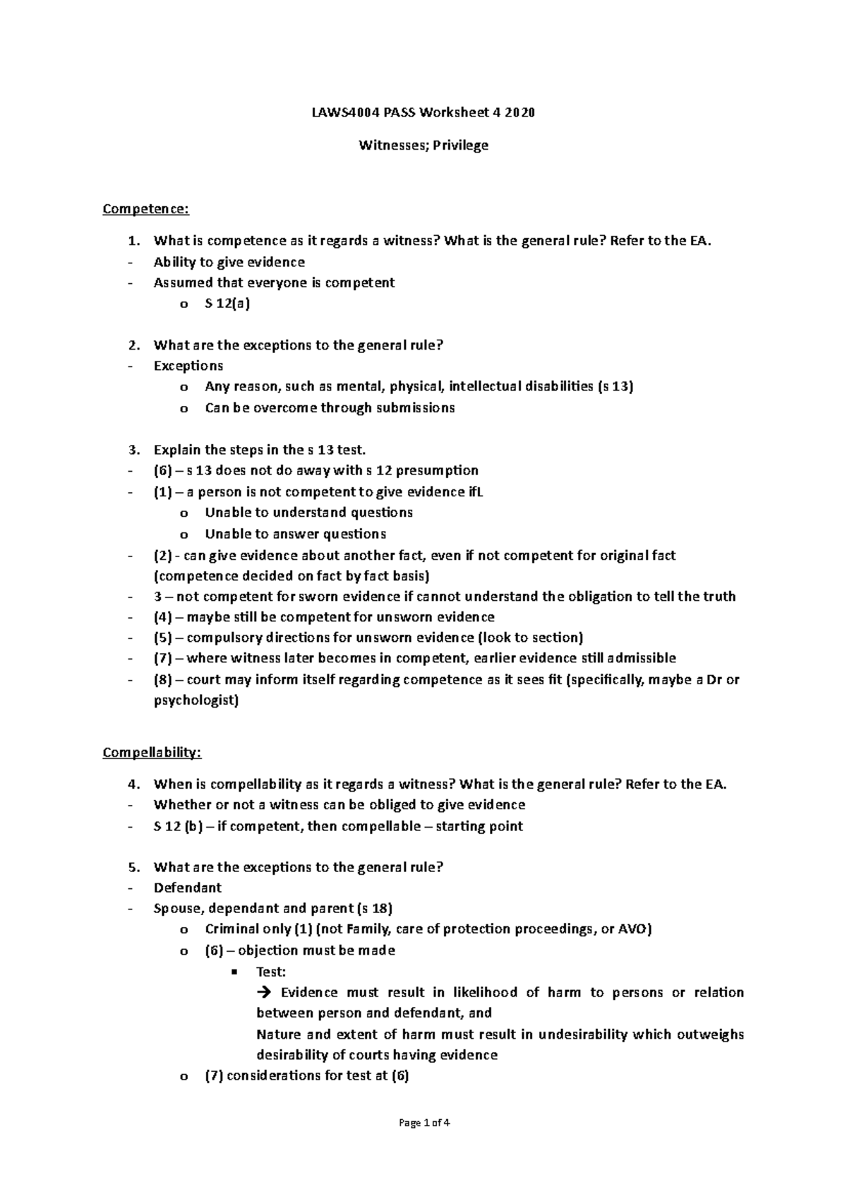 LAWS4004 PASS Worksheet 4 - Ability to give evidence Assumed that ...