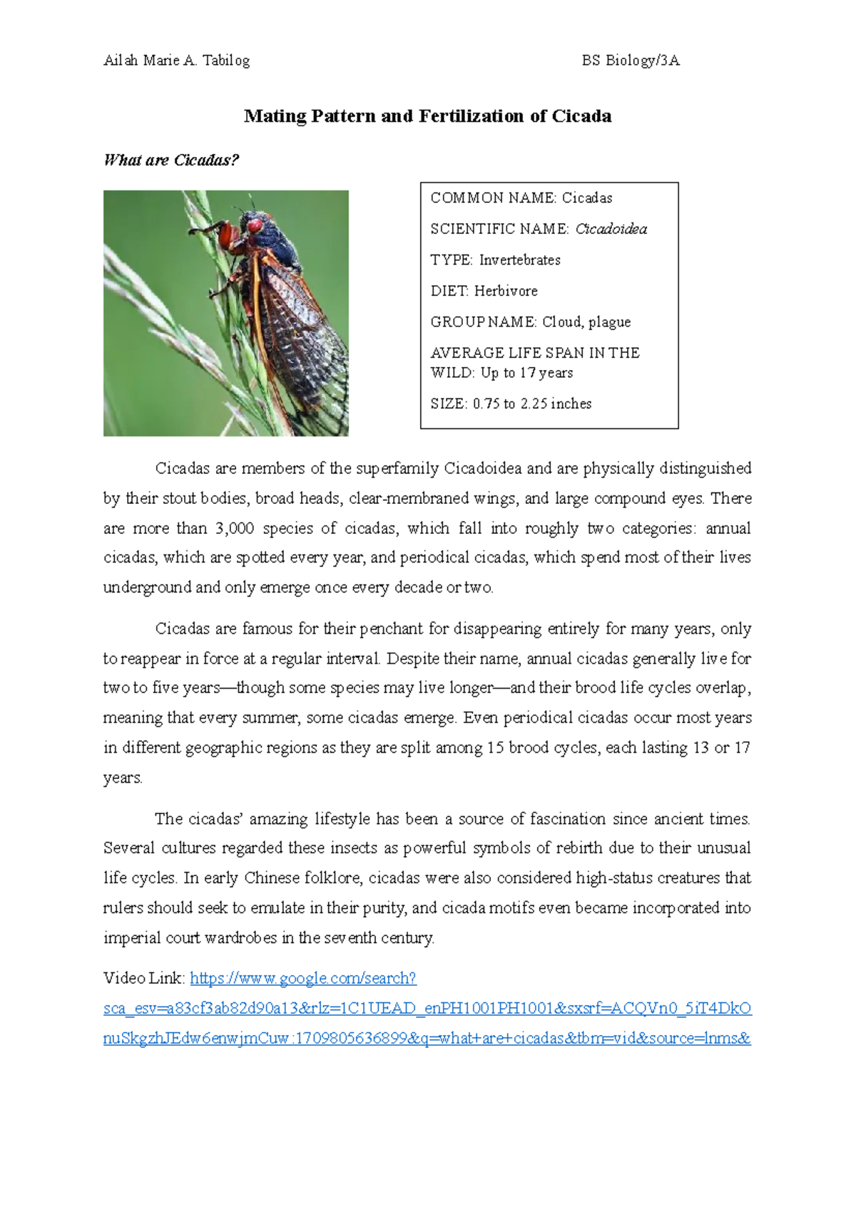 Mating Pattern and Fertilization of Cicada (Tabilog, Ailah Marie A ...
