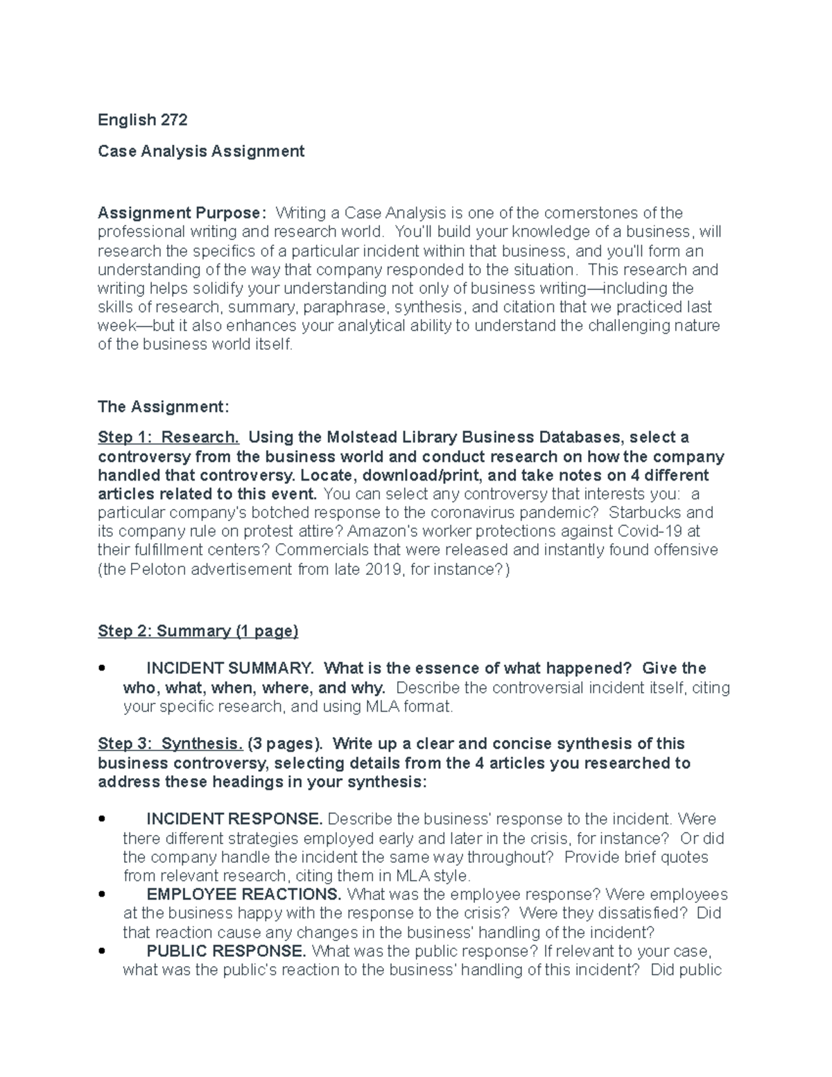 Case Analysis Assignment Sheet 2022-3 - English 272 Case Analysis ...