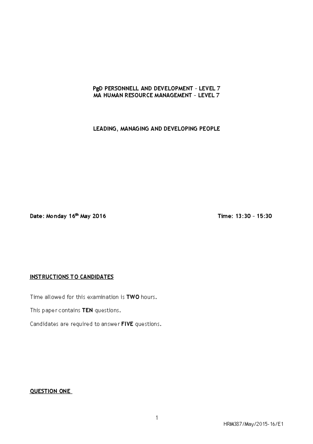 Exam 2014, questions - PgD PERSONNELL AND DEVELOPMENT – LEVEL 7 MA ...