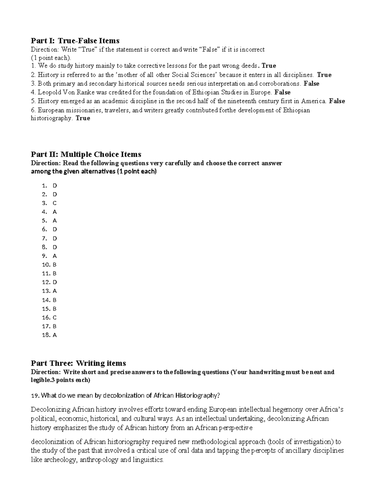 Hestory answar - Part I: True-False Items Direction: Write “True” if the statement is correct ...