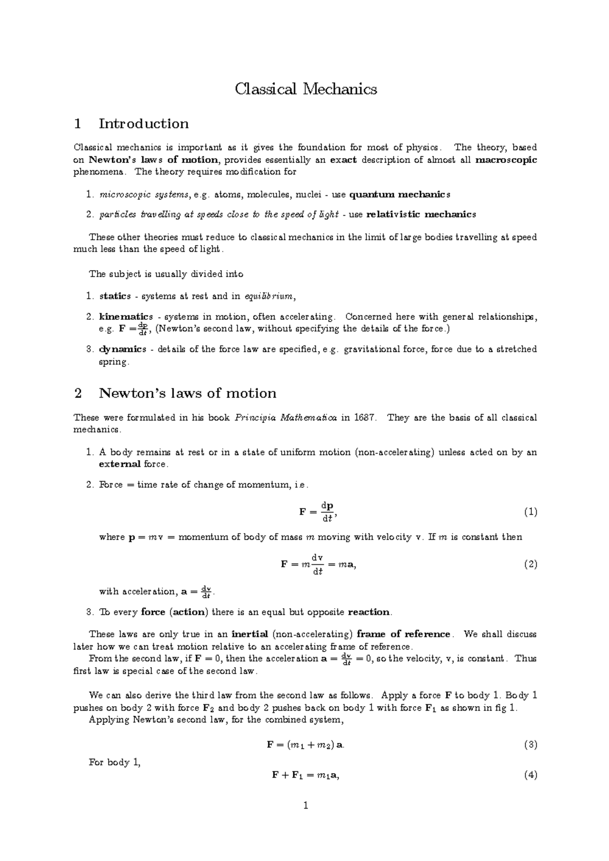 Classical Mechanics - Course Notes (1st Year) - Classical Mechanics 1 ...