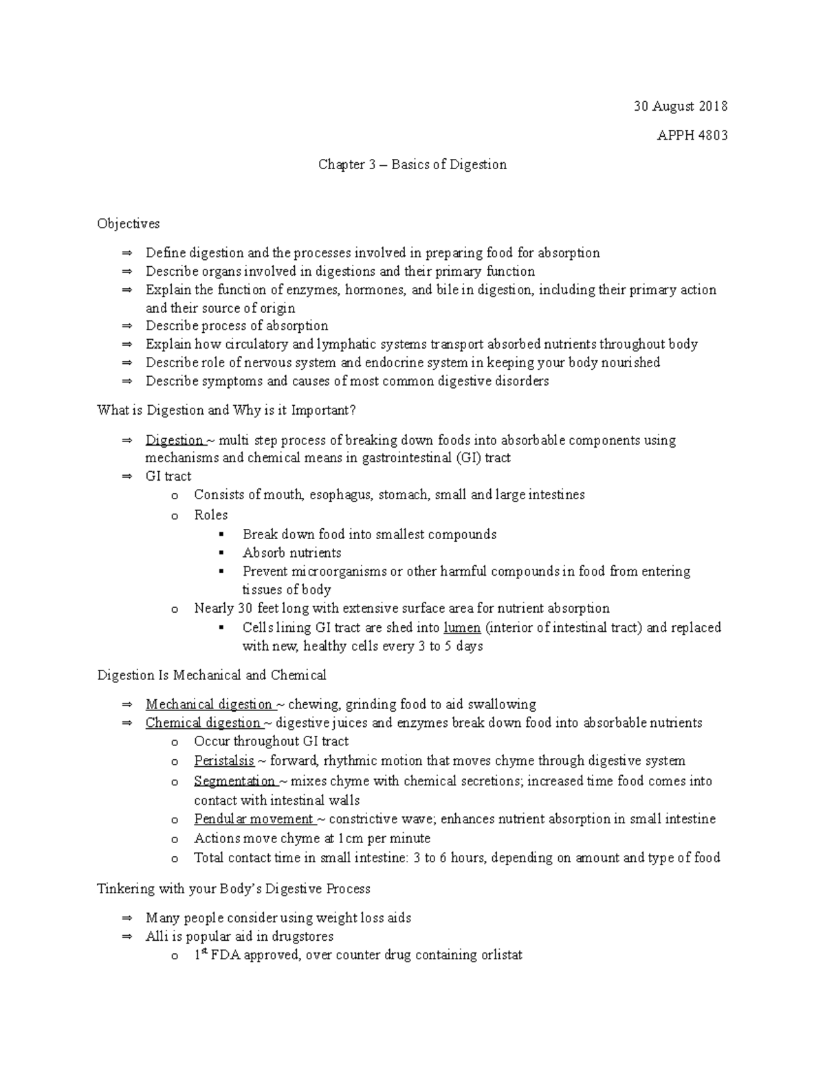091518 Chapter 3 - Basics of Digestion - 30 August 2018 APPH 4803 ...