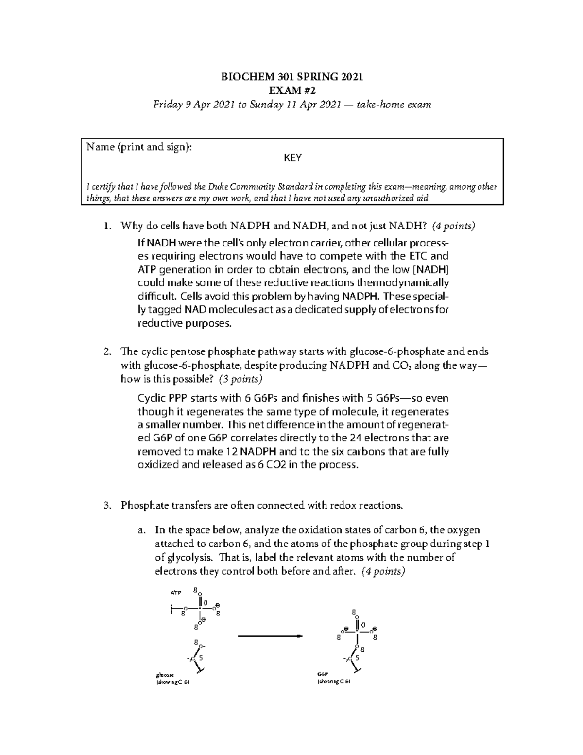 Exam 2 - Spring 2021 - Key - BIOCHEM 301 SPRING 2021 EXAM Friday 9 Apr ...