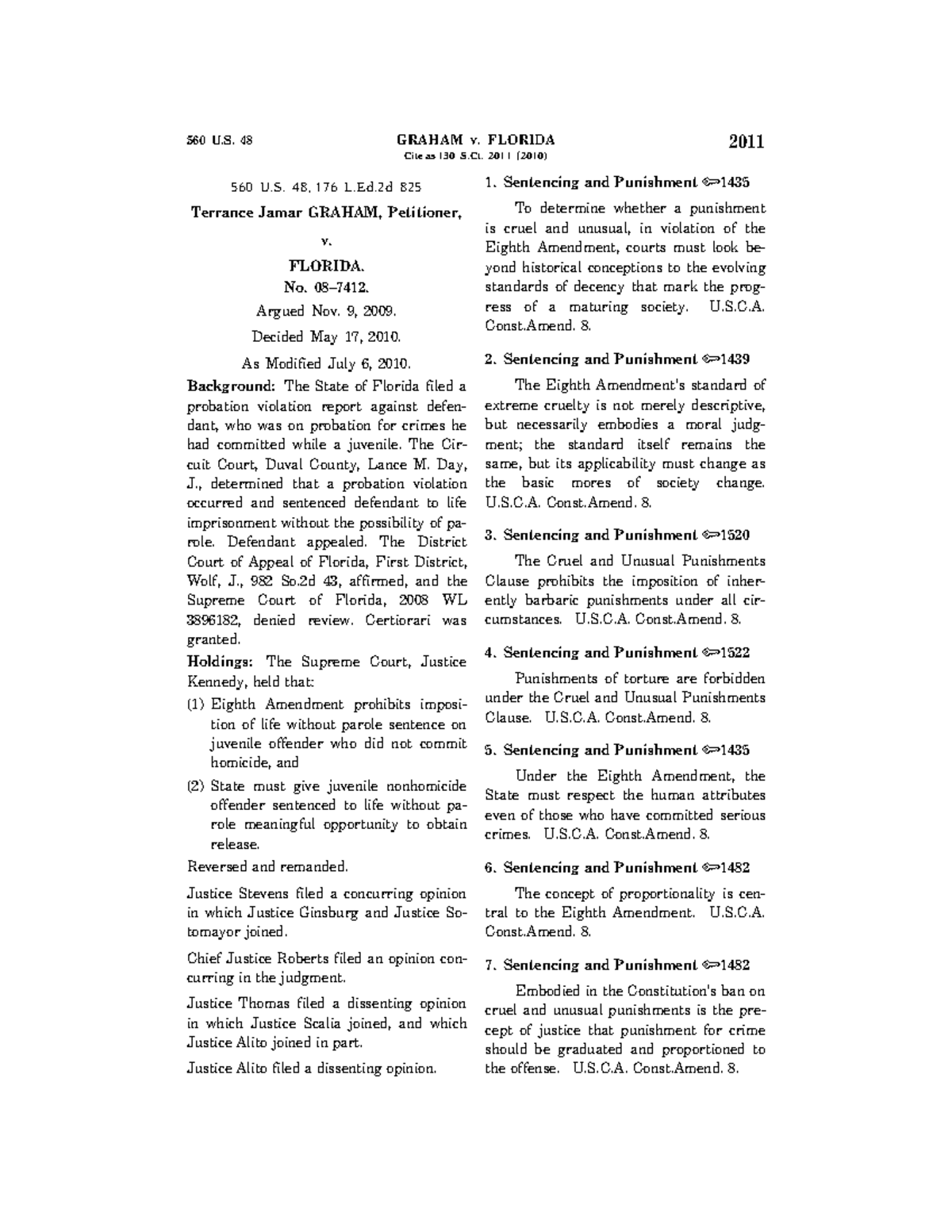 Graham v Florida - GRAHAM v. FLORIDA 2011 Cite as 130 S. 2011 (2010 ...
