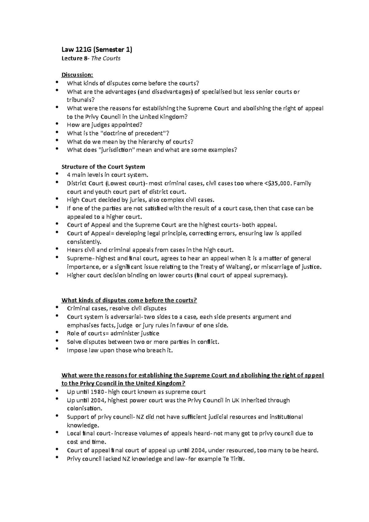 Law 121 Lecture 8 The Courts - Law 121G (Semester 1) Lecture 8- The ...