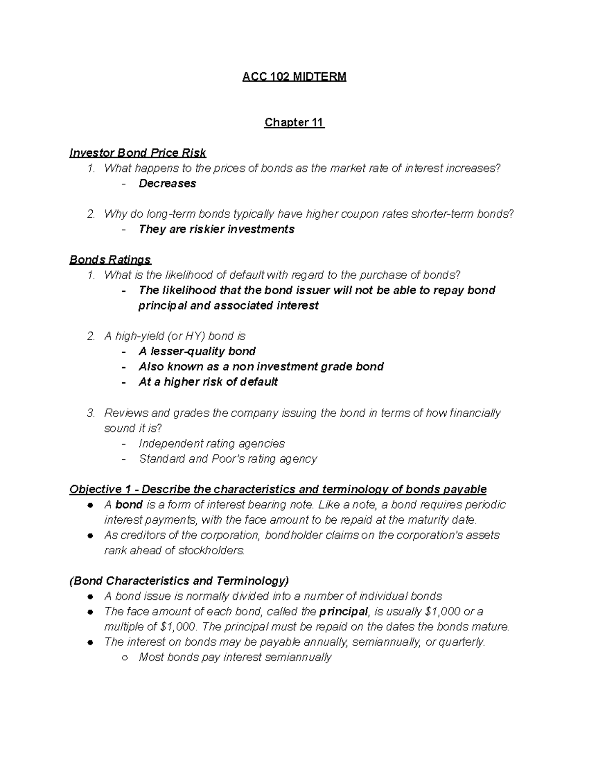 ACC 102 Midterm - ACC 102 MIDTERM Chapter 11 Investor Bond Price Risk 1 ...