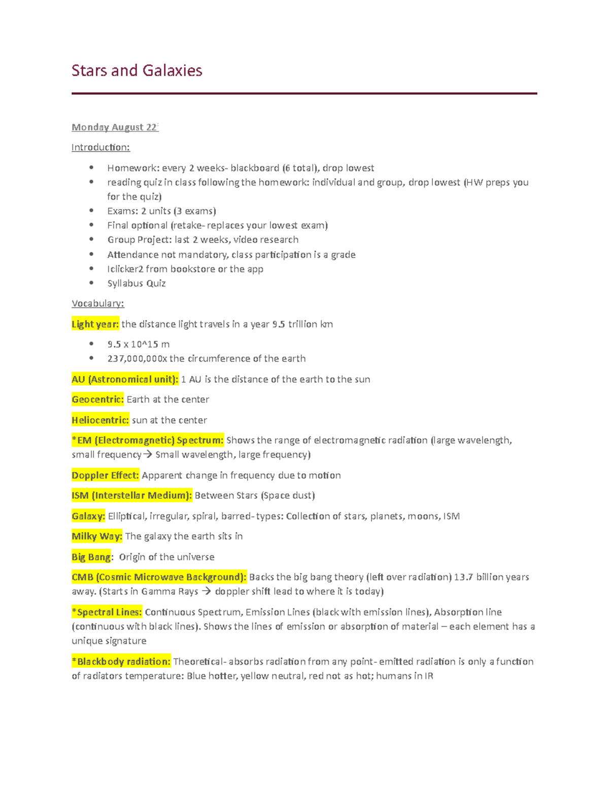 Stars and Galaxies - Lab analysis - Stars and Galaxies Monday August 22 ...