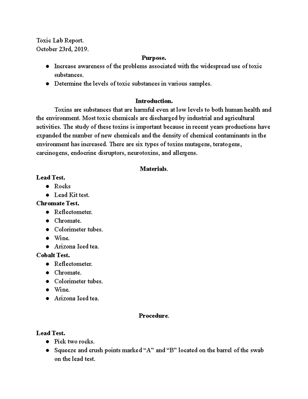 Toxic Lab Report - toxins lab - Toxic Lab Report. October 23rd, 2019 ...