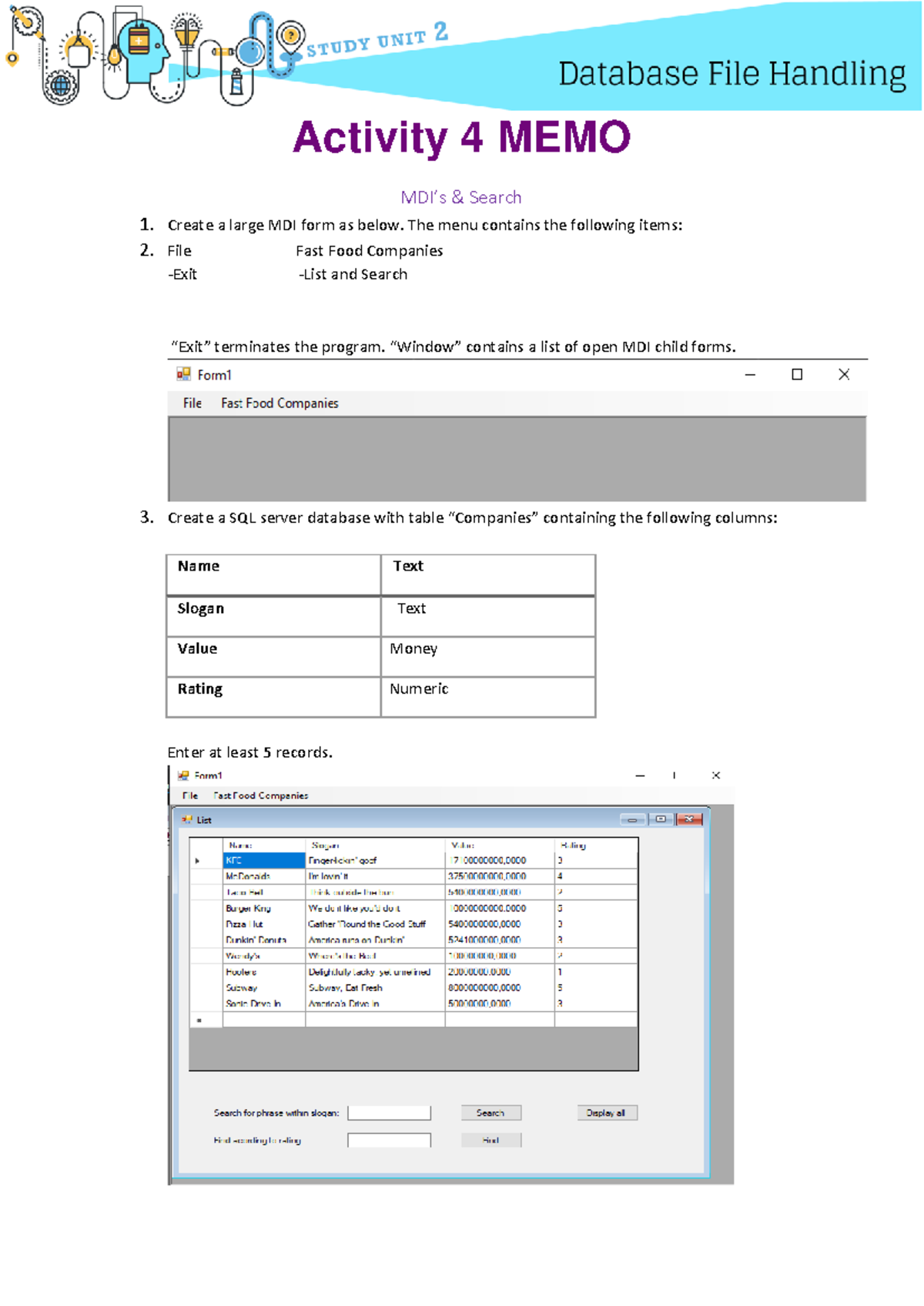 Activity 4 Memo 1 - practical assignments - Activity 4 MEMO MDI’s & Search 1. Create a large MDI ...