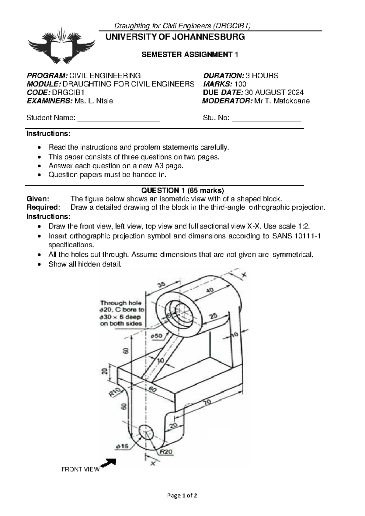 HOMEWORK 1 2024 - Draughting for Civil Engineers (DRGCIB1) Page 1 of 2 ...