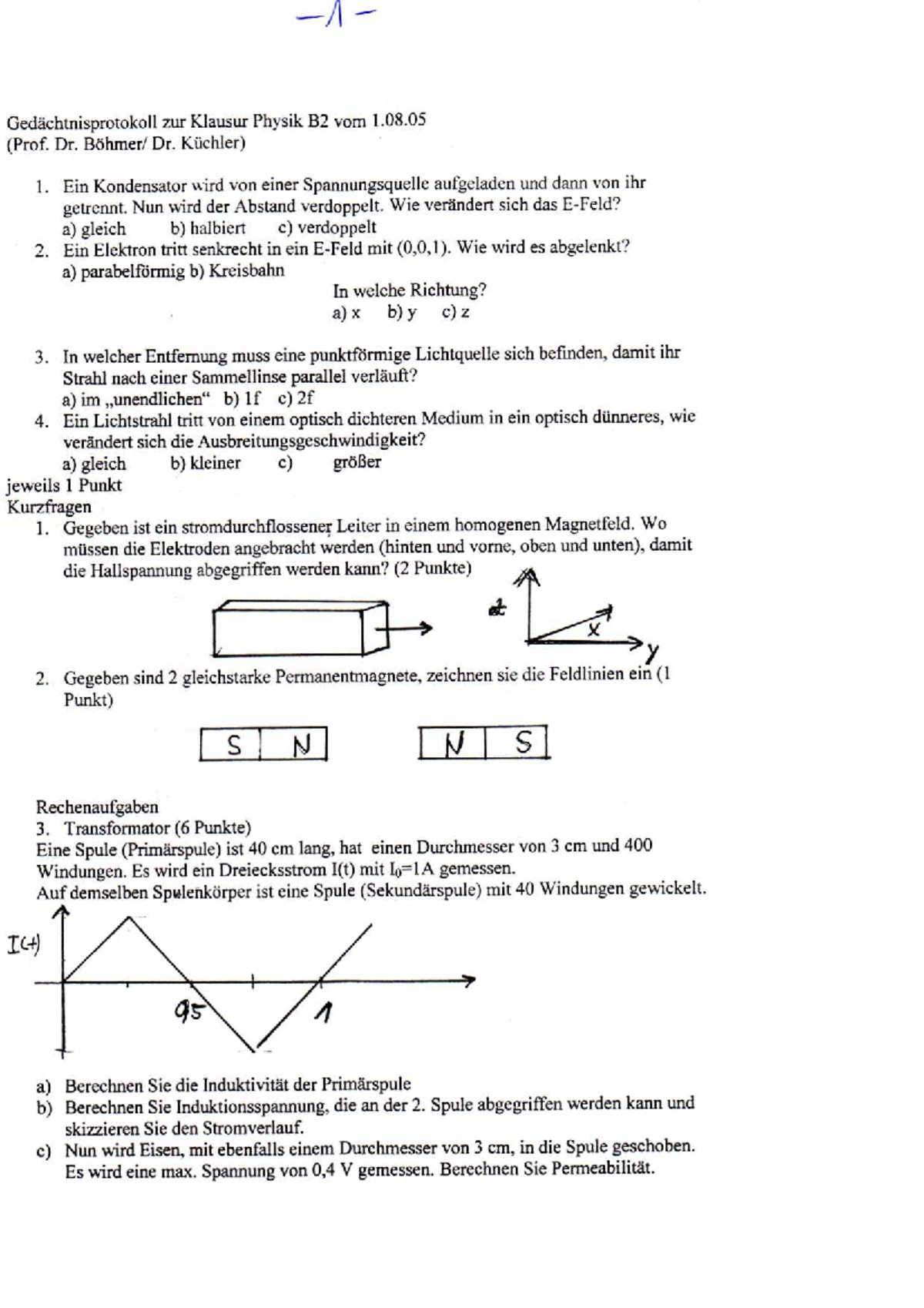 Physik B2 - Klausurprotokoll - 2005 - Physik B2 für Studierende mit ...