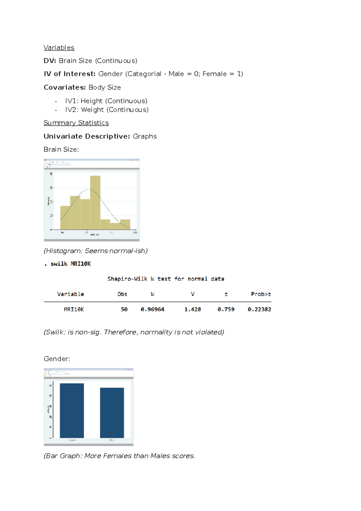 Summary Stats Example - Design and Statistics - Variables DV: Brain ...