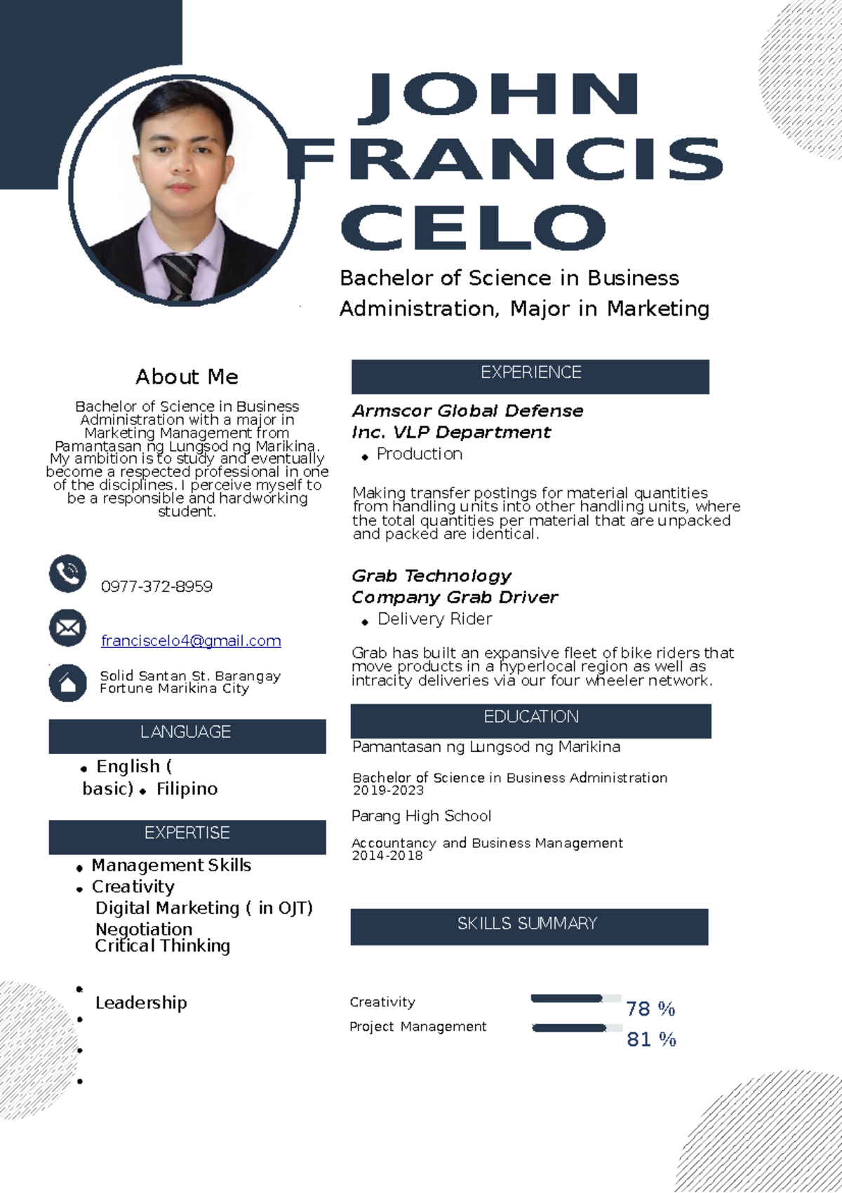 Blue professional modern CV resume - JOHN FRANCIS CELO Bachelor of ...