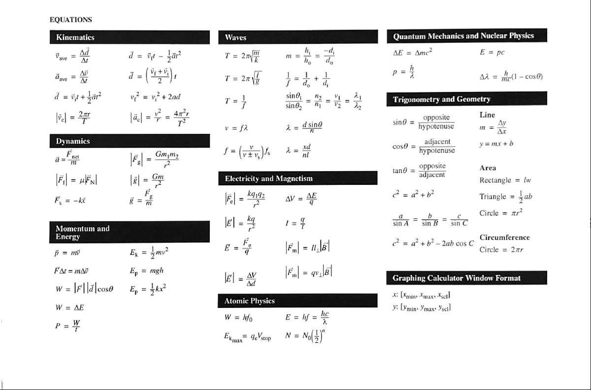 Grade 11 Physics Formula Sheet Studocu