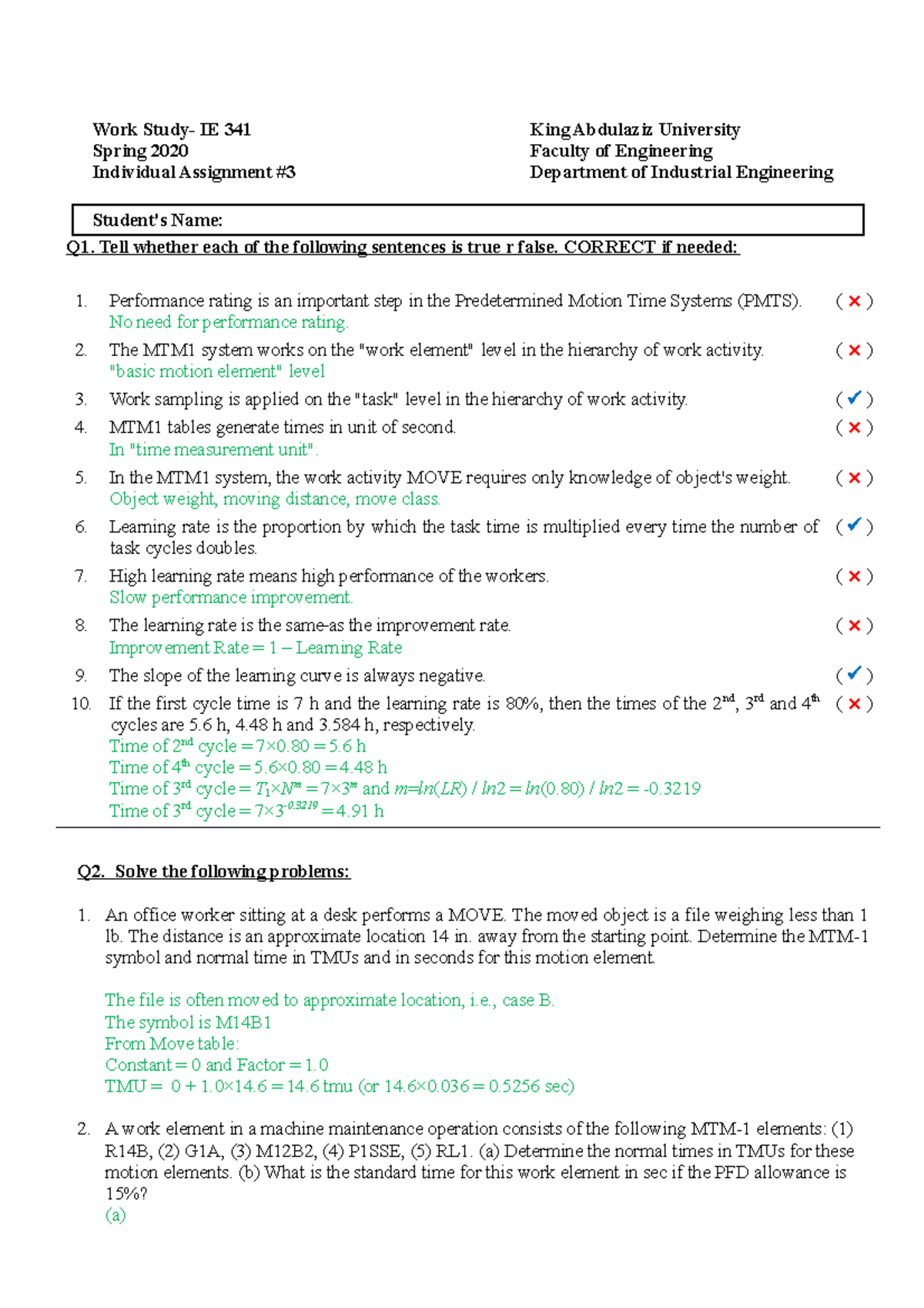 Work study - ass2 - Work Study- IE 341 Spring 2020 Individual ...