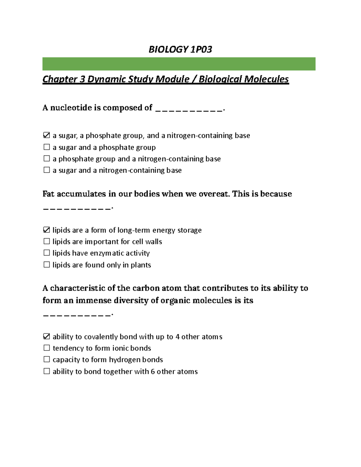 Biology 1P03 - Notes for exam - BIOLOGY 1P - Chapter 3 Dynamic Study ...