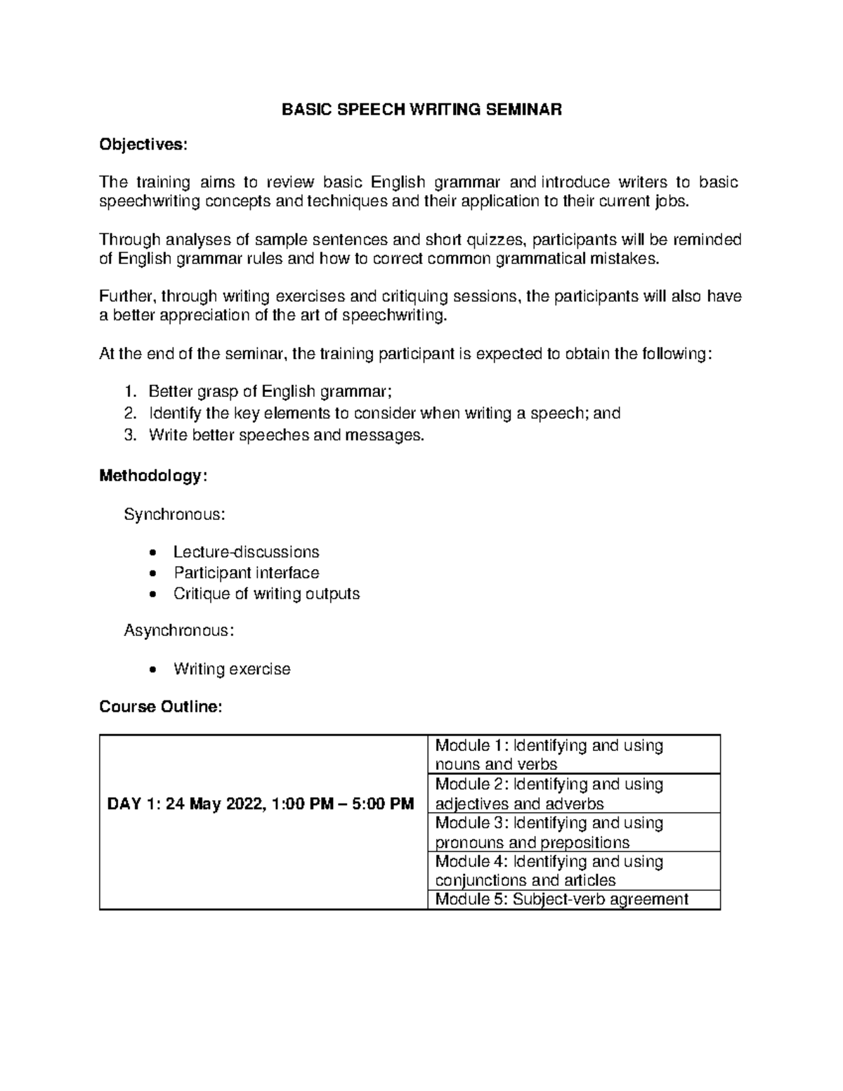 Basic Speech Writing Seminar Final - BASIC SPEECH WRITING SEMINAR ...