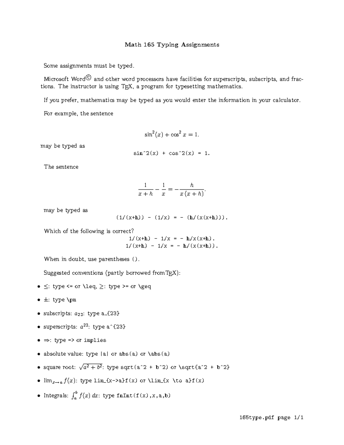 Math 165 Typing Assignments - Math 165 Typing Assignments Some ...