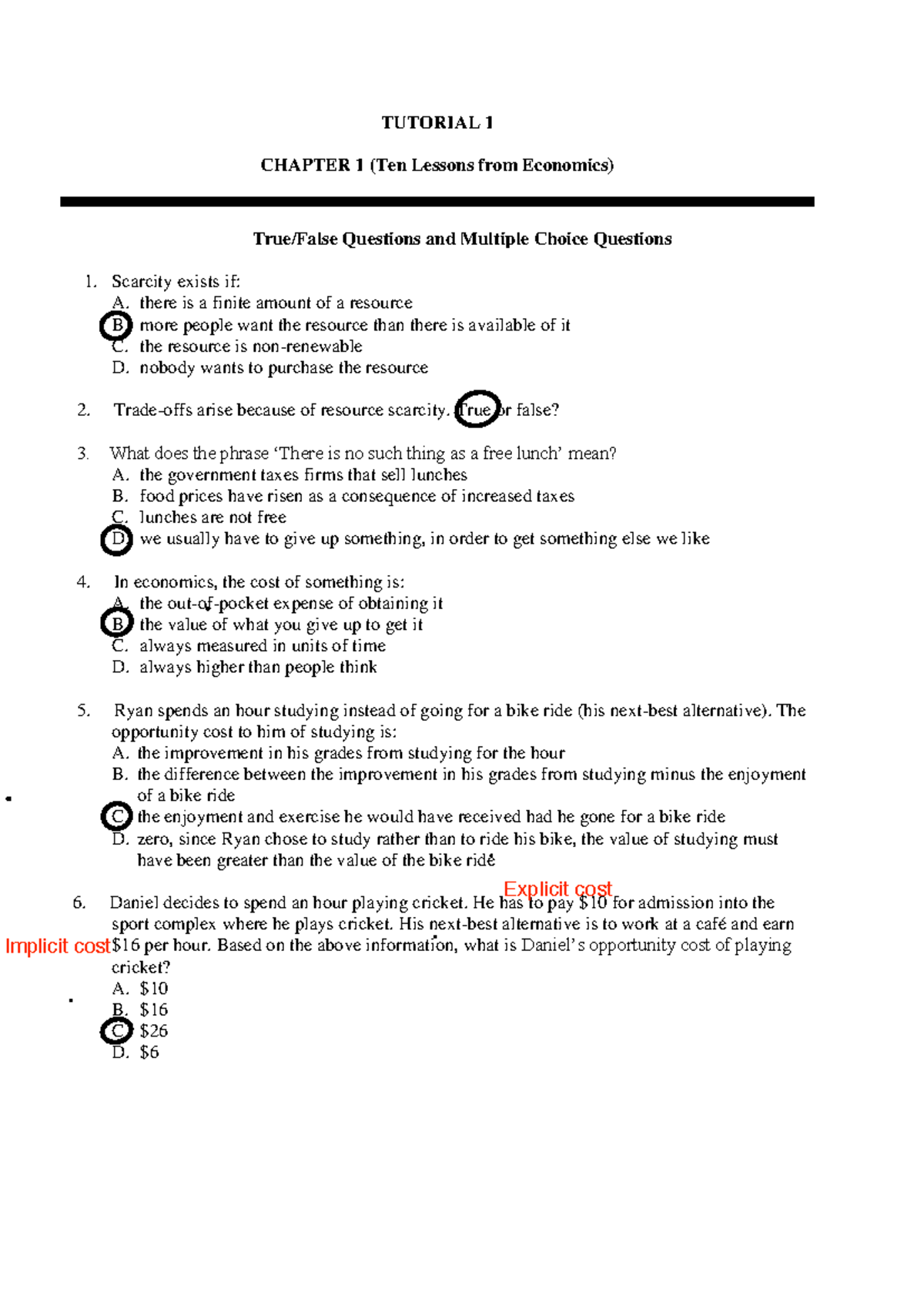EFB Tutorial 1 - TUTORIAL 1 CHAPTER 1 (Ten Lessons from Economics) True/False Questions and ...
