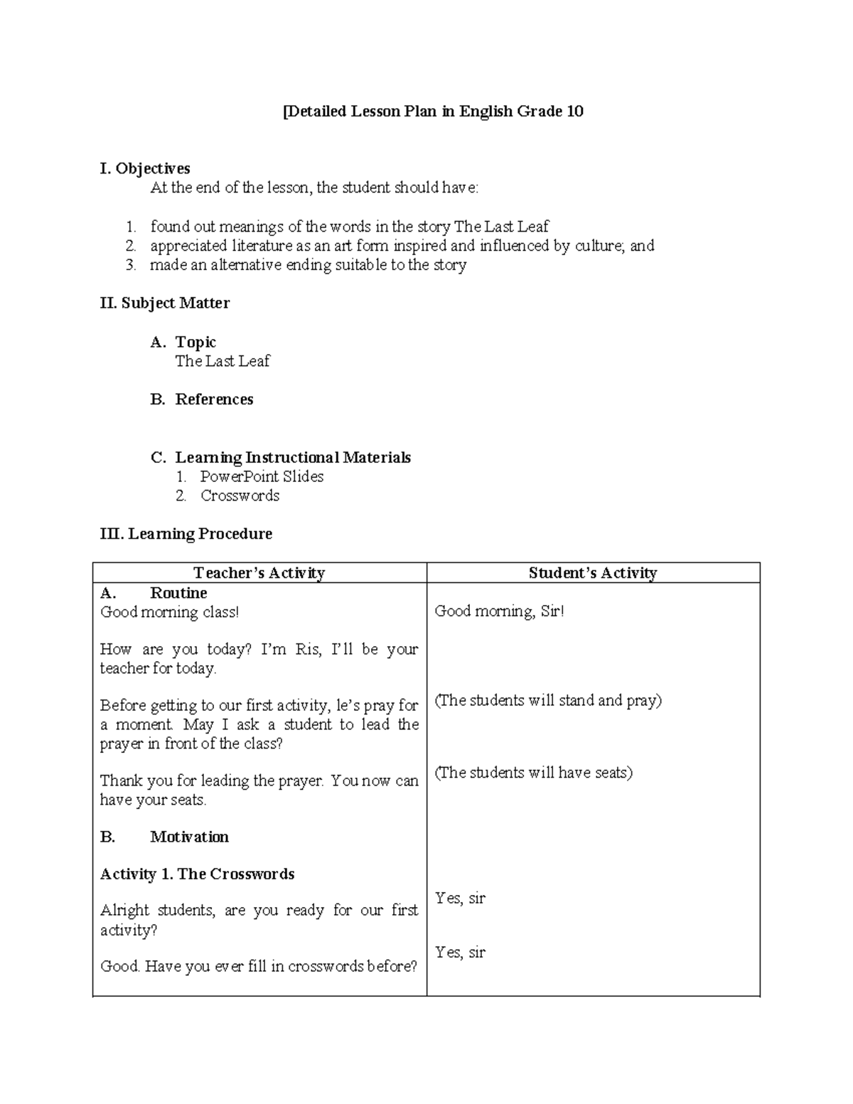 Detailed-lesson-plan-grade-10 topic-the-last-leaf krfsp - [Detailed ...