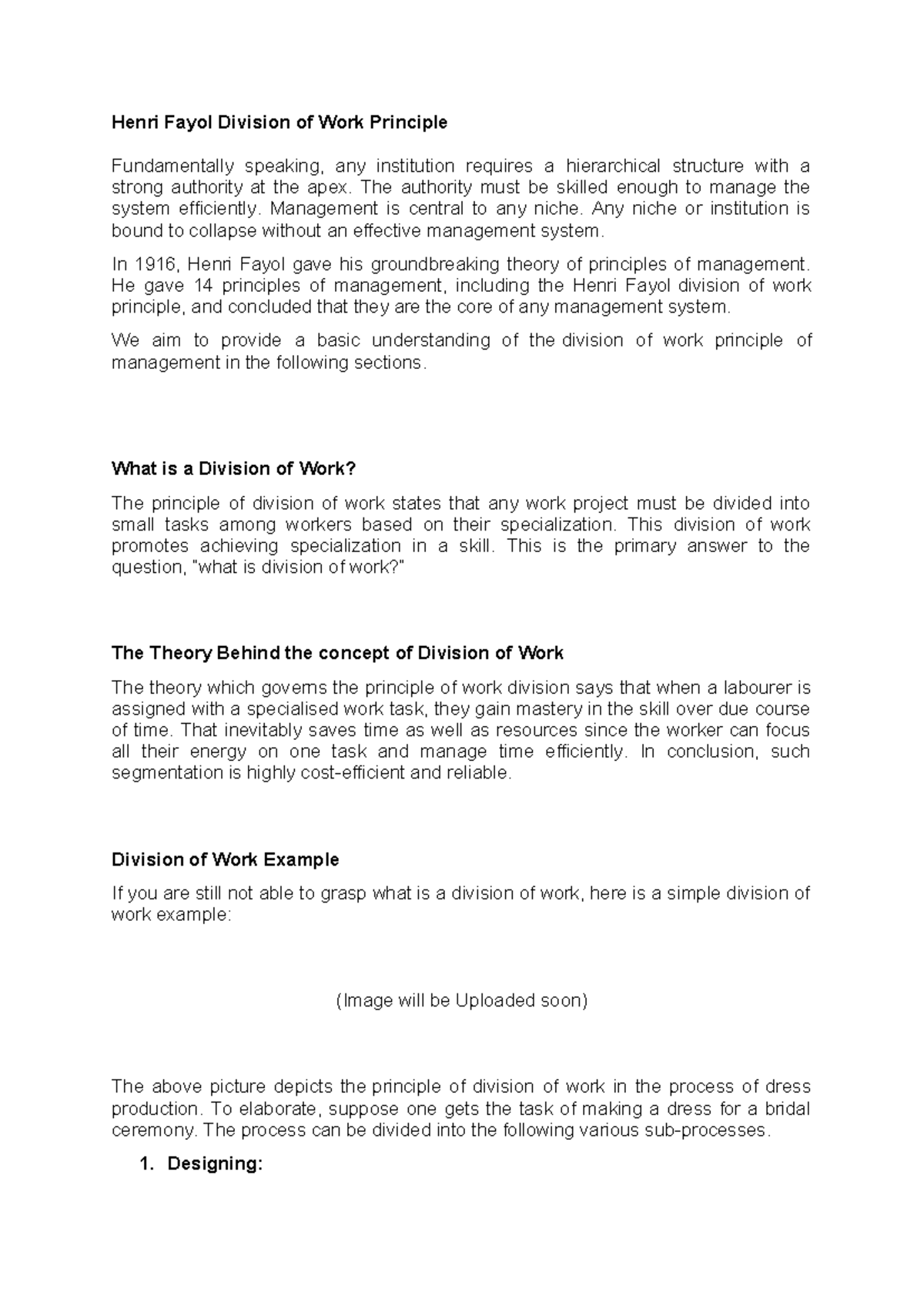 Lecture 13 Notes - Henri Fayol Division of Work Principle Fundamentally ...