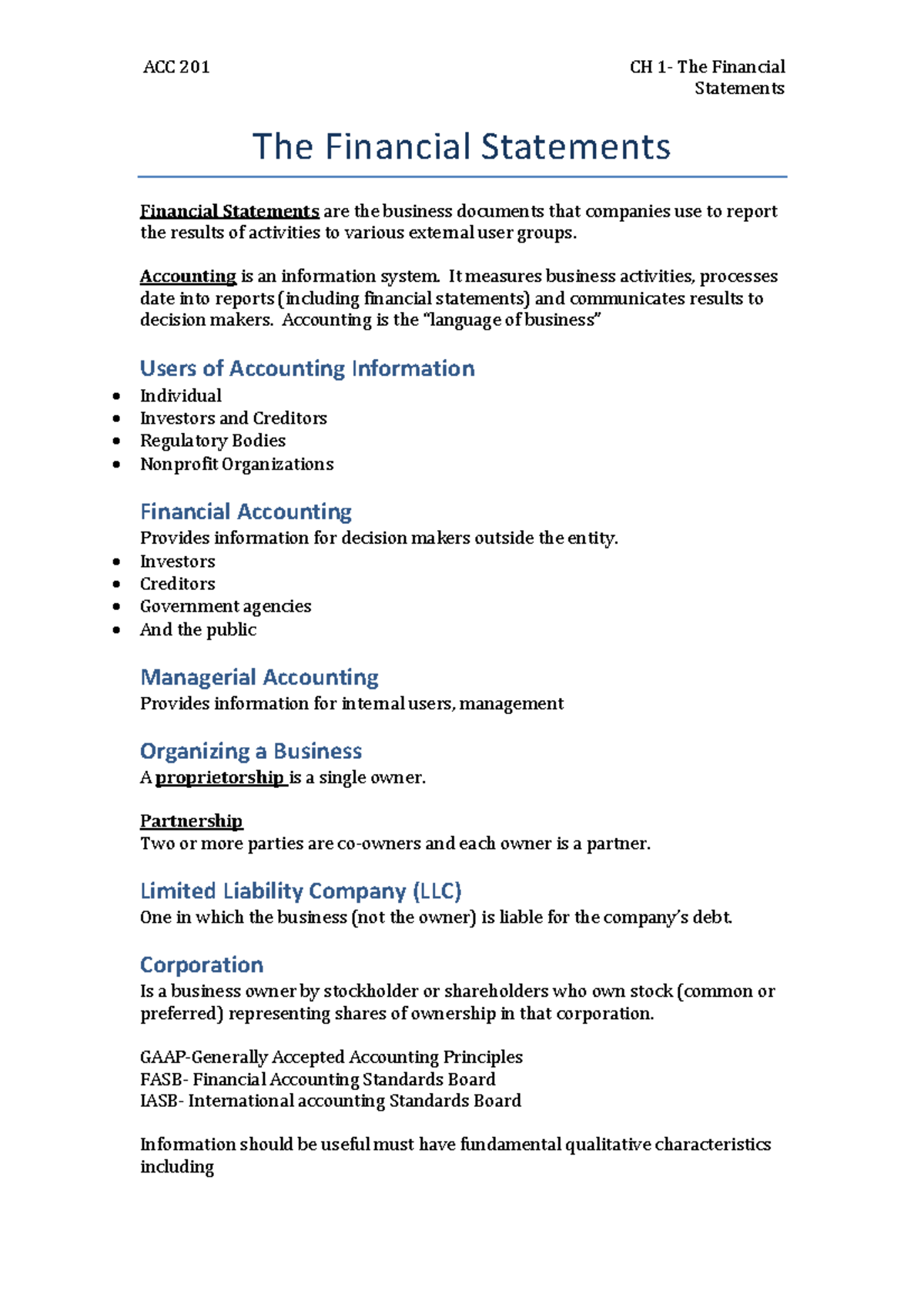 FAR practice questions - ACC 201 CH 1- The Financial Statements The ...