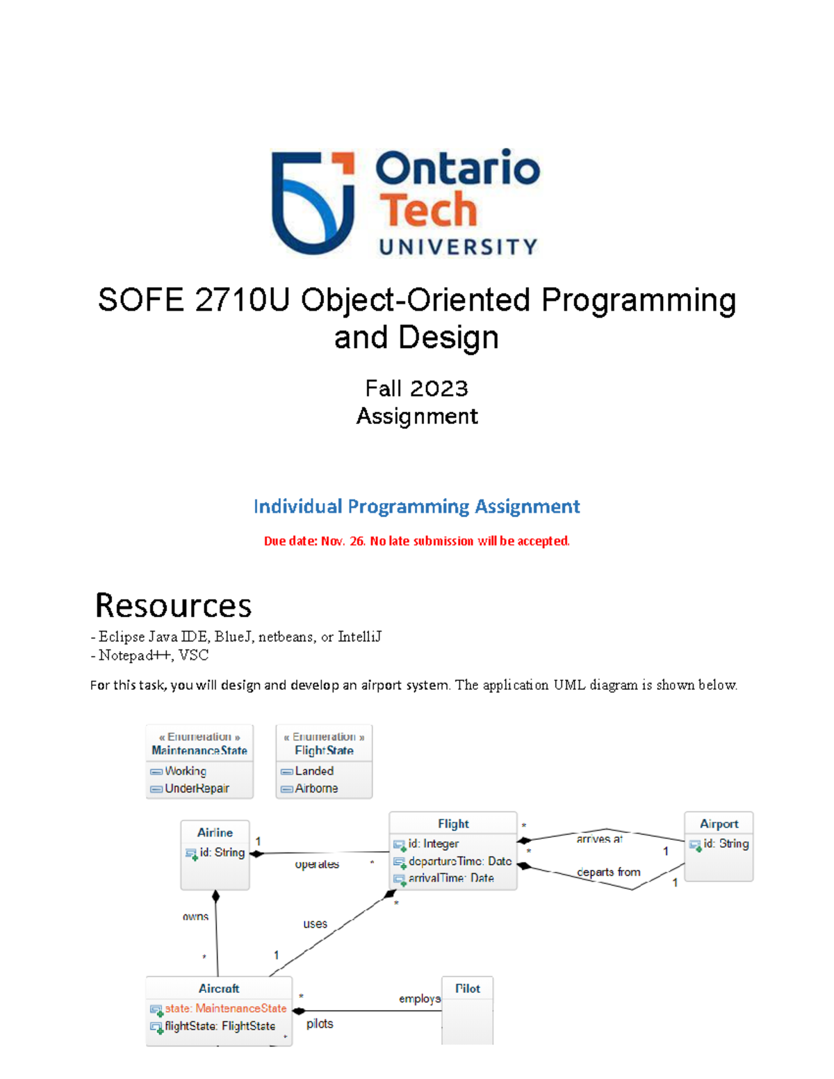 SOFE2710 Assignment - dshsrwegfnrwhetqywgsfbn m - SOFE 2710U Object-Oriented Programming and ...
