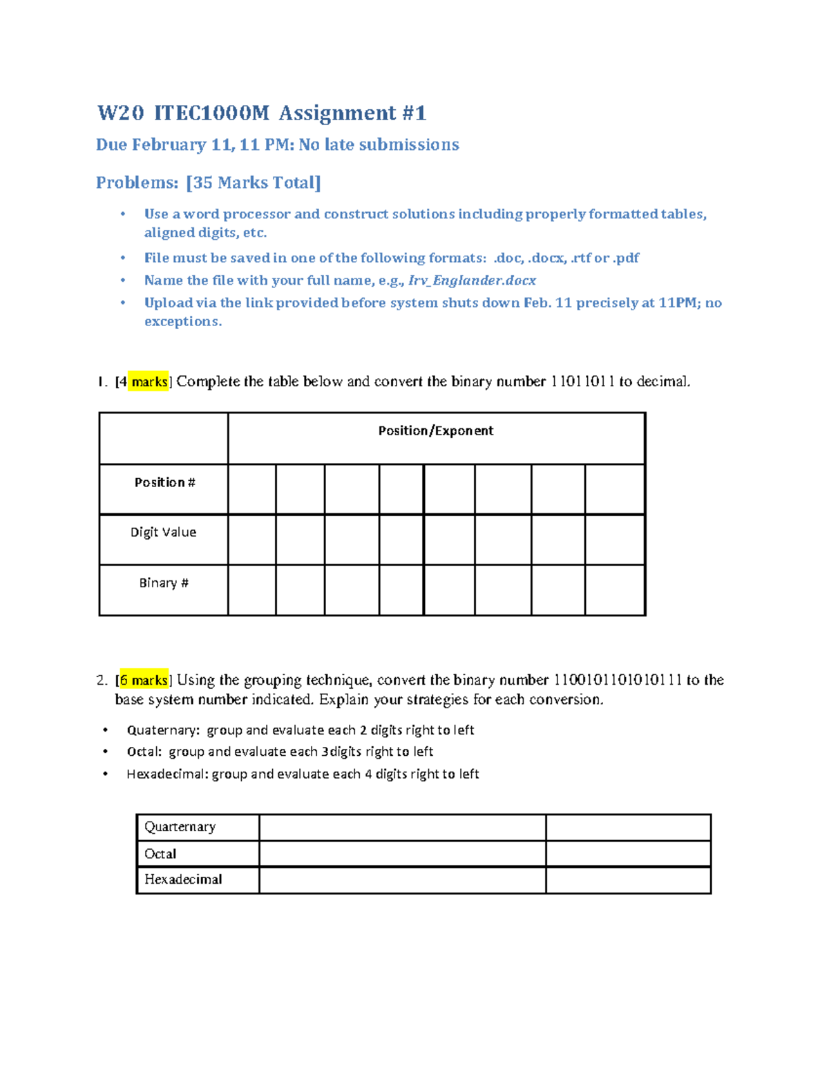 Itec1000 Assignment One - W20 ITEC1000M Assignment Due February 11, 11 ...