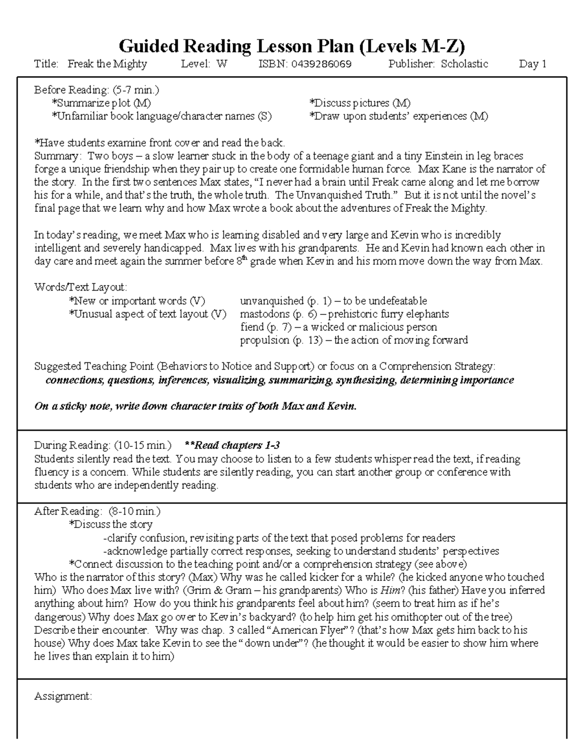 Freak the Mighty - Level W - Title: Freak the Mighty Level: W ISBN ...
