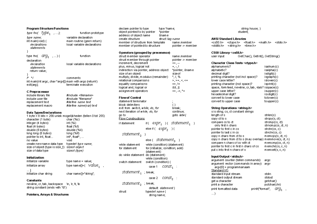 Programmeren 1 samenvatting - Program Structure/Functions type fnc( type1 , …); type name; int ...