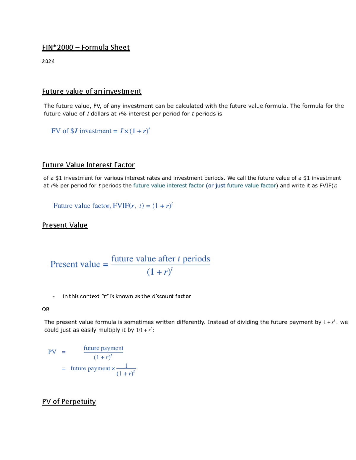 Finance Formula Sheet - Summary intro to fin - FIN*2000 – Formula Sheet 2024 Future value of an ...