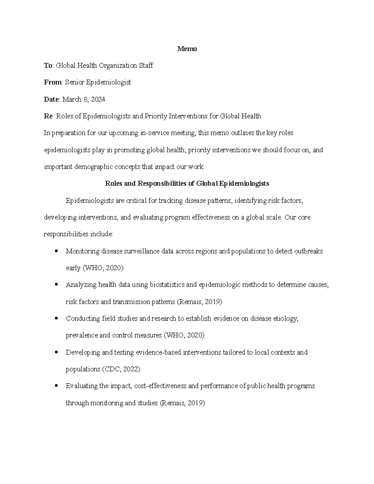 Paper week 10 Module 10 - Memo To: Global Health Organization Staff ...