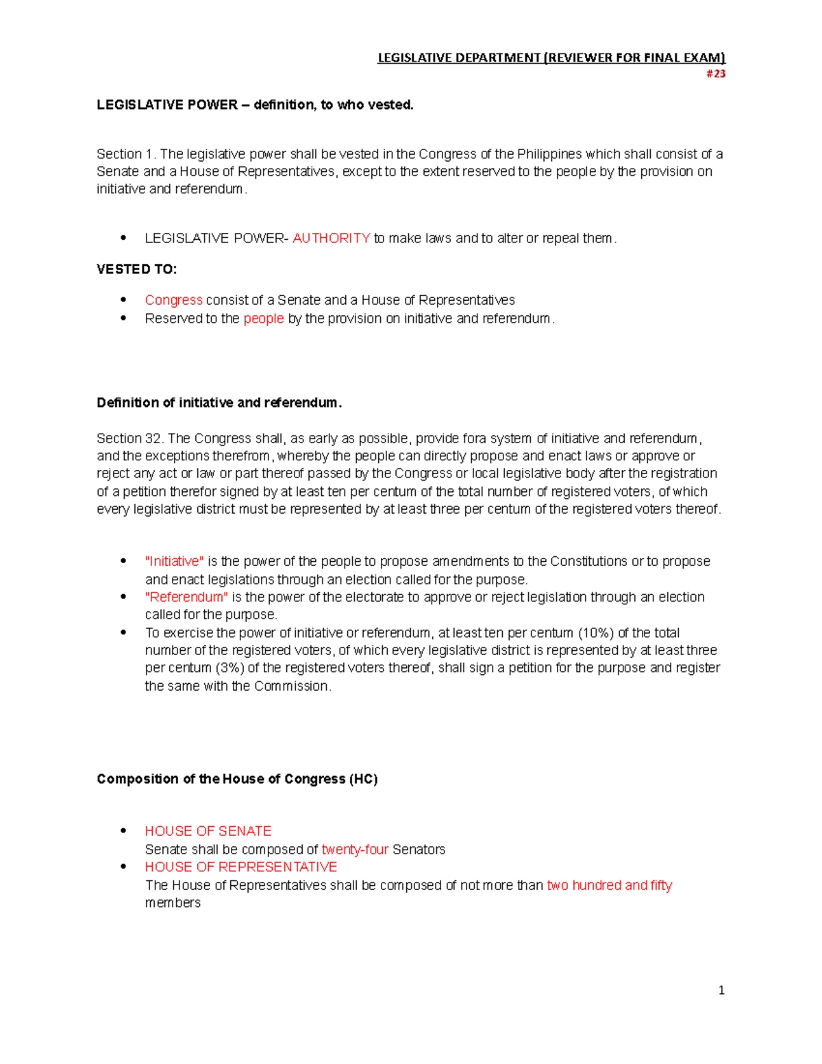 Reviewer consti - # LEGISLATIVE POWER – definition, to who vested ...