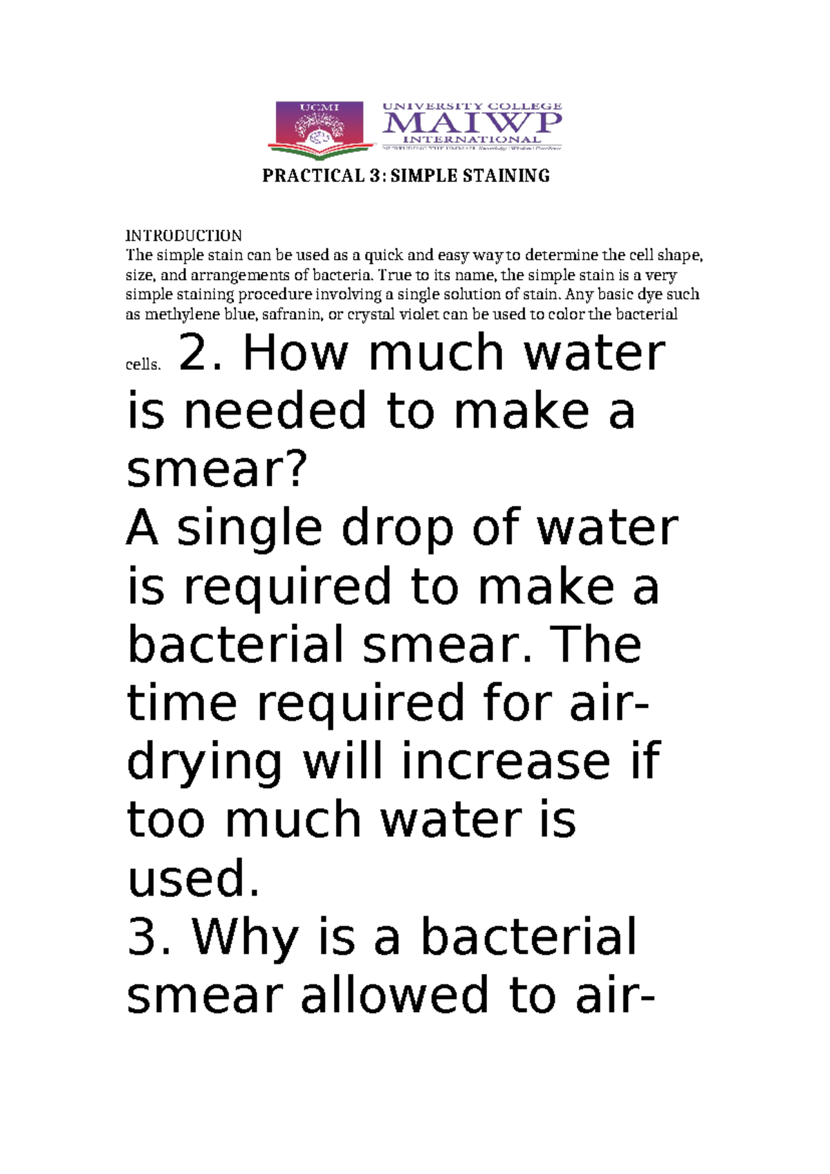Practical 3 Simple Staining - PRACTICAL 3: SIMPLE STAINING INTRODUCTION ...