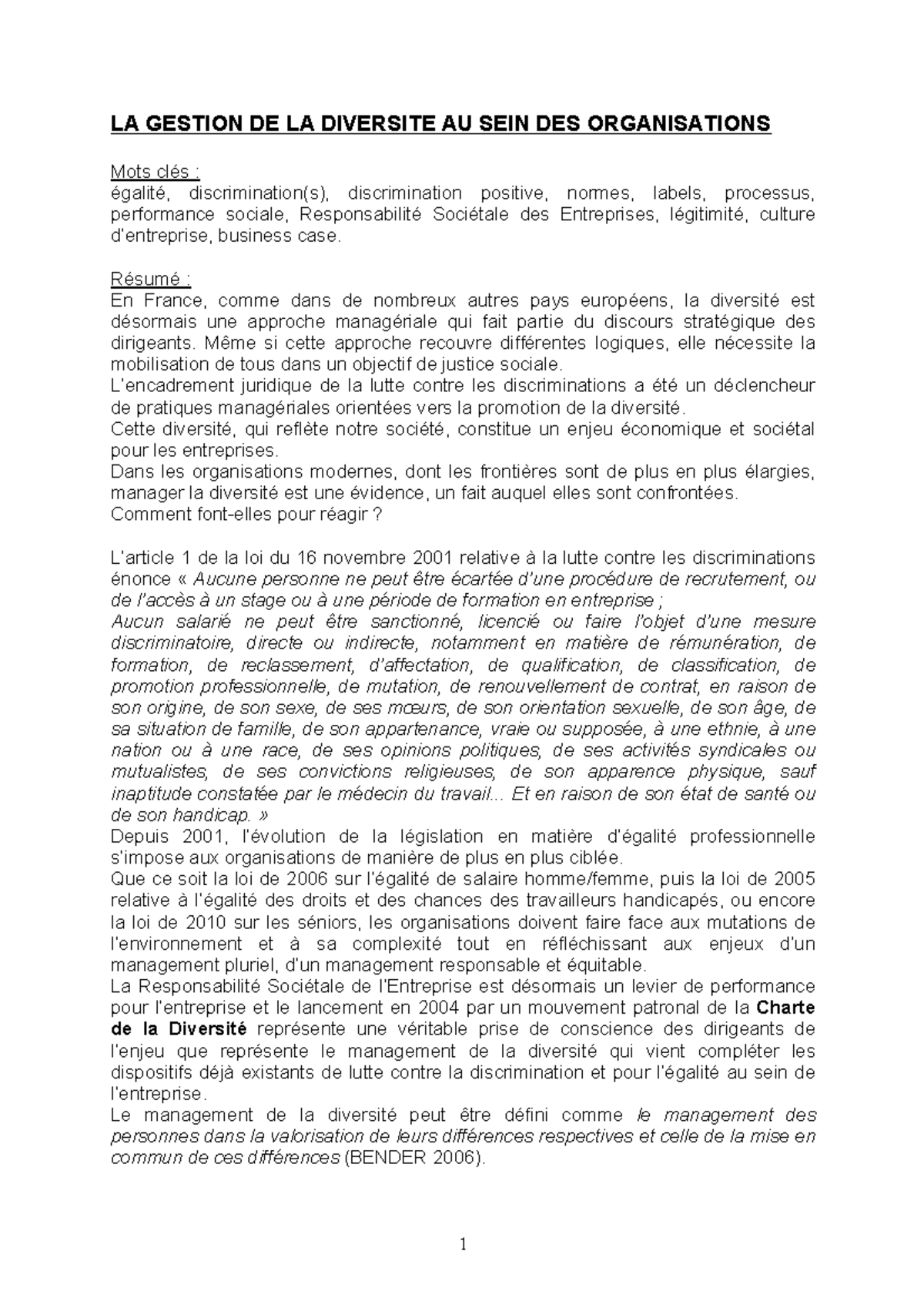 Diversite-organisation - LA GESTION DE LA DIVERSITE AU SEIN DES ORGANISATIONS Mots clés ...