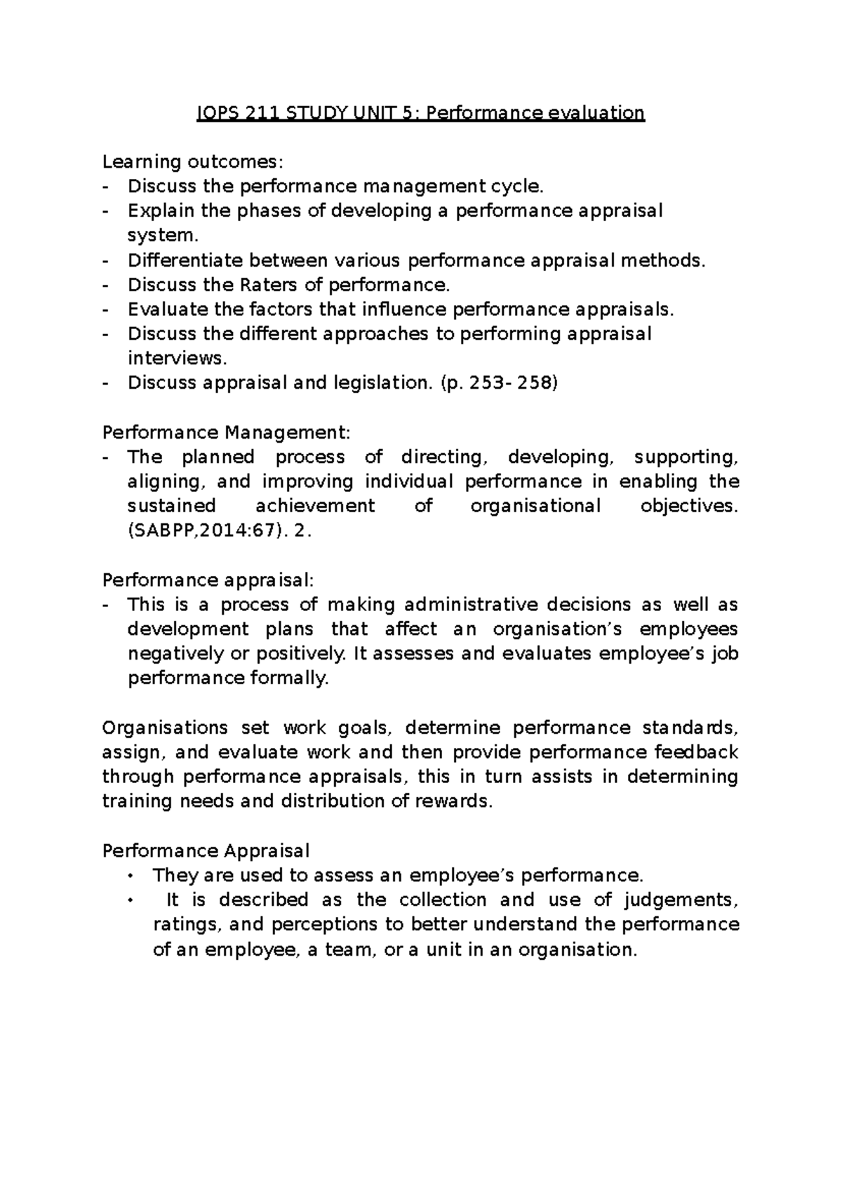 IOPS211 SU5 - IOPS 211 STUDY UNIT 5: Performance evaluation Learning ...