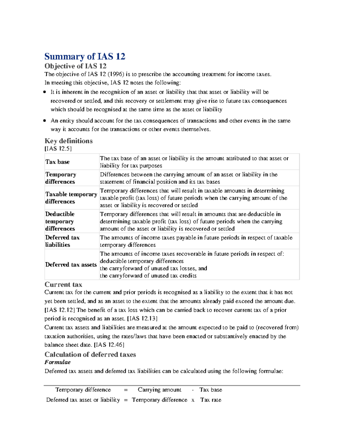 2.4 - Summary standard Taxation May 2018 - Summary of IAS 12 Objective ...