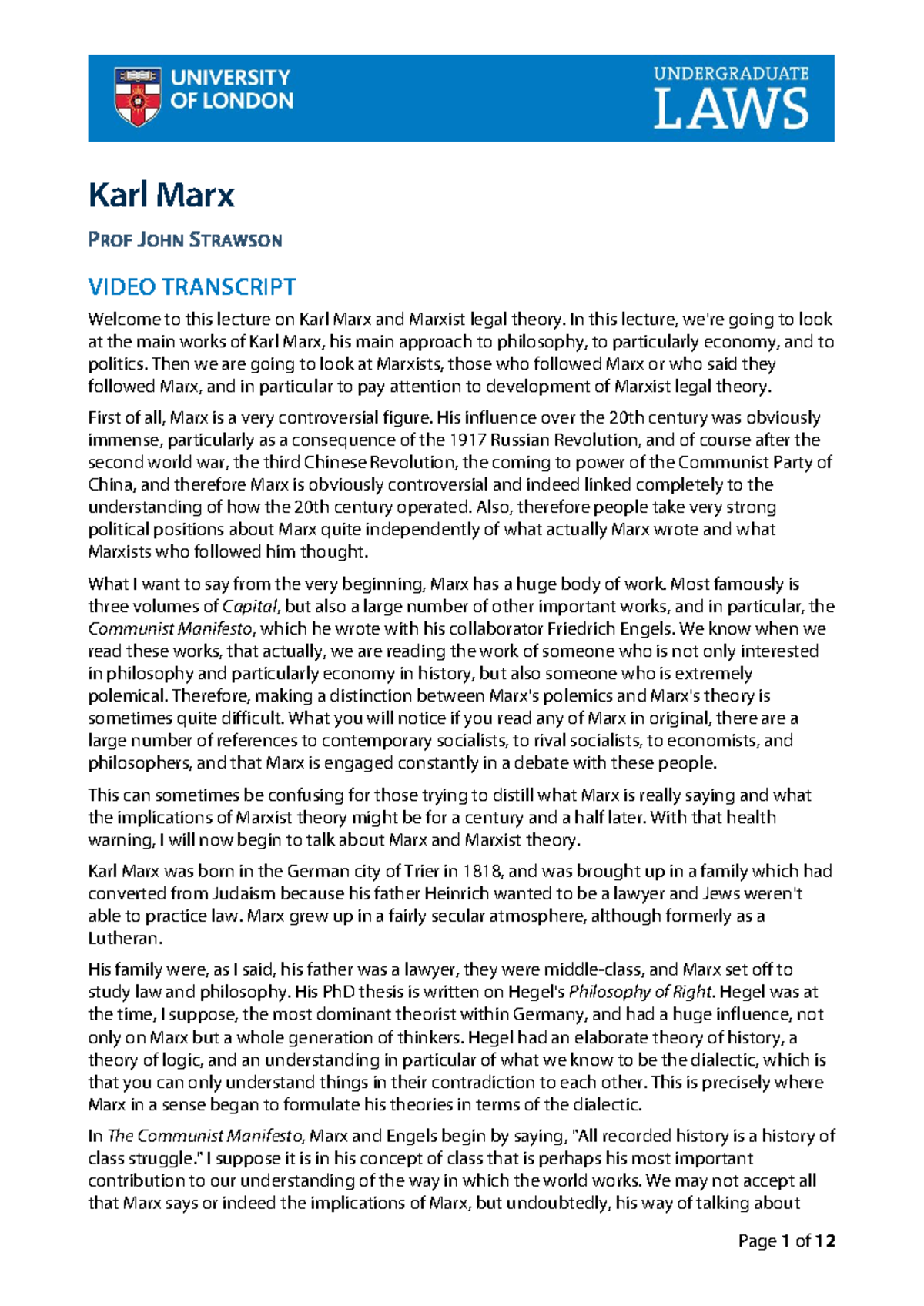 Lecture Plus-Jurisprudence-transcript - Karl Marx VIDEO TRANSCRIPT Welcome to this lecture on ...