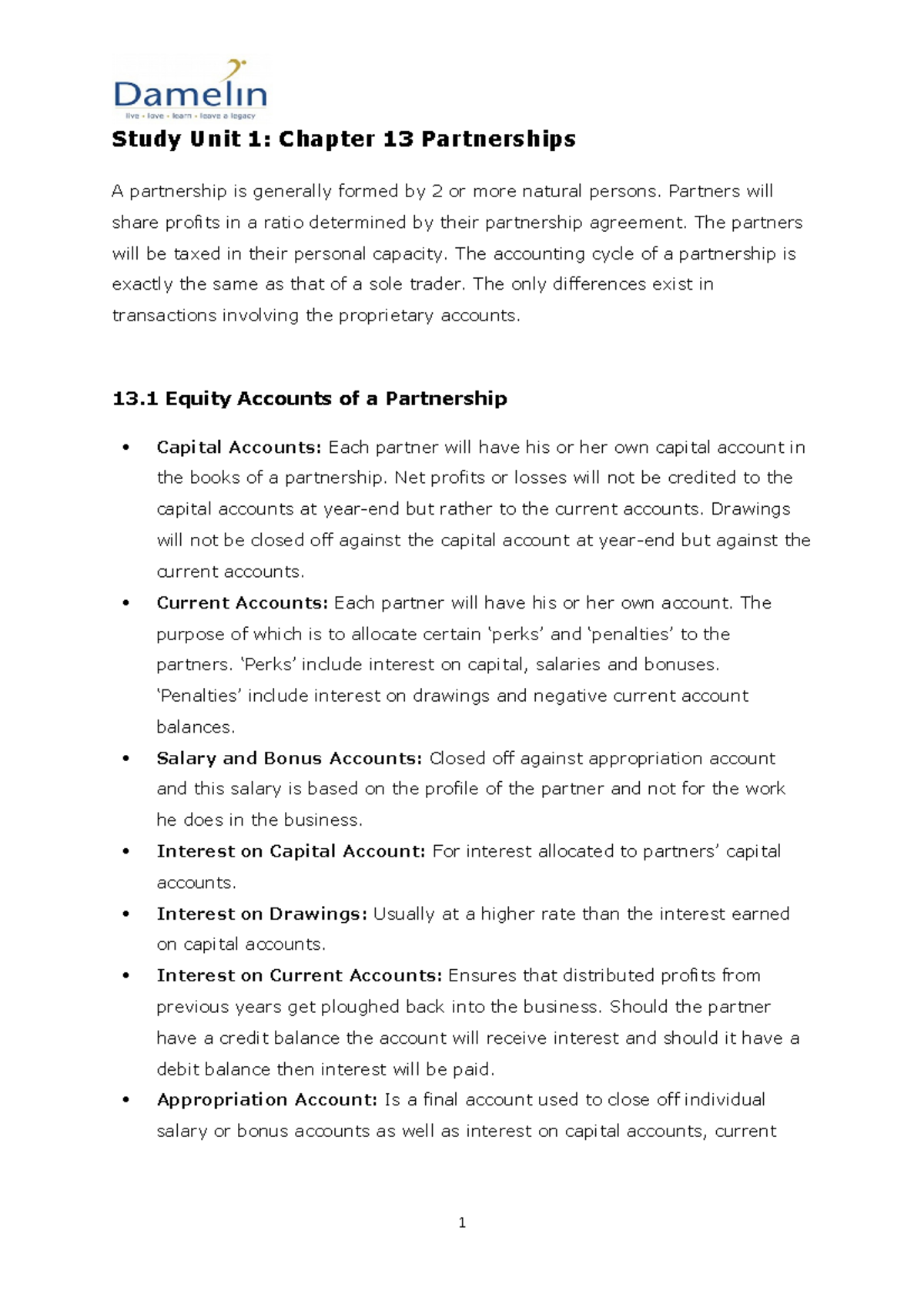 Unit 1 - Partnerships - Study Unit 1: Chapter 13 Partnerships A ...