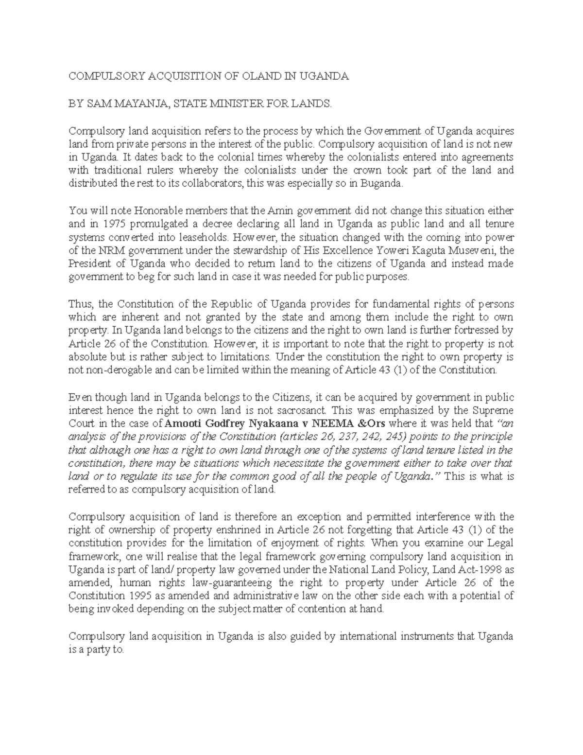 Compulsory Acquisition OF Oland IN Uganda - COMPULSORY ACQUISITION OF ...