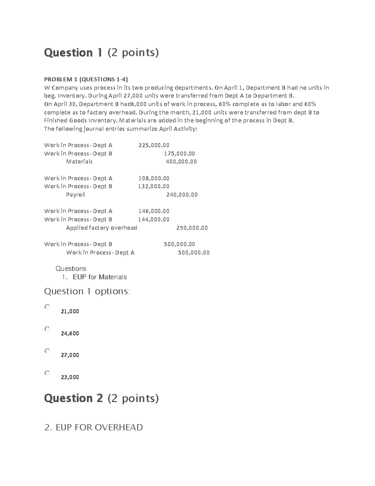 Costco 3Ques - Question 1 (2 points) PROBLEM 1 (QUESTIONS 1-4) W ...