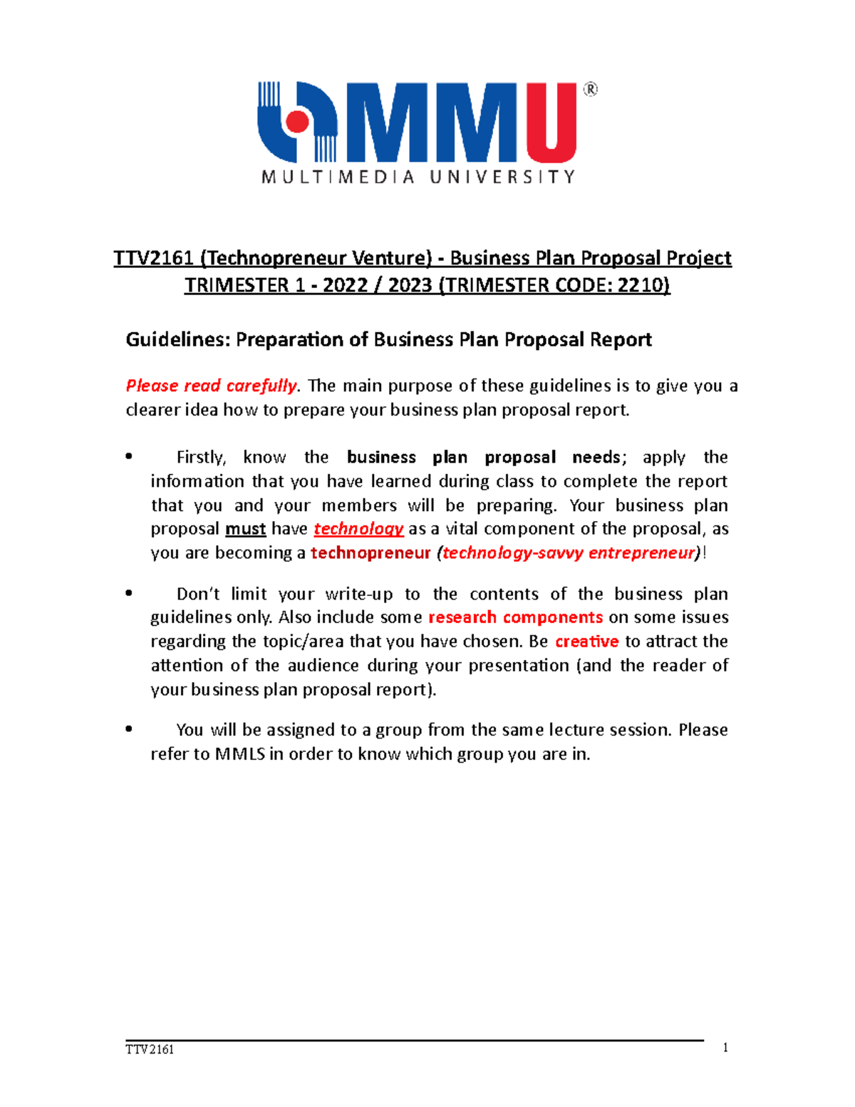 TTV2161 Guidelines for Business Plan Project - TTV2161 (Technopreneur ...