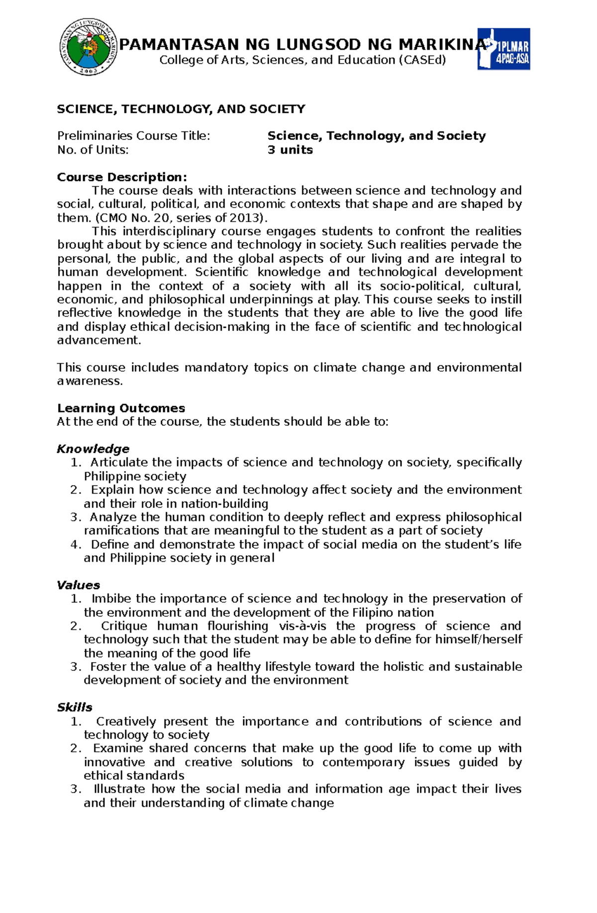 Science, Technology and society Course Outline - PAMANTASAN NG LUNGSOD ...
