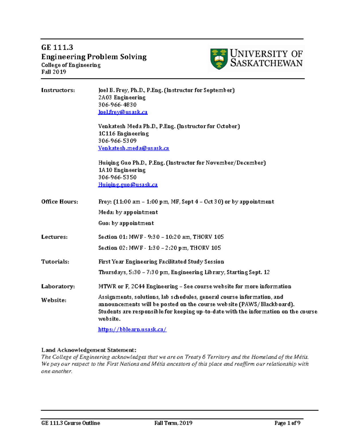 GE111 - Fall 2019 - Course outline - GE 111. Engineering Problem ...