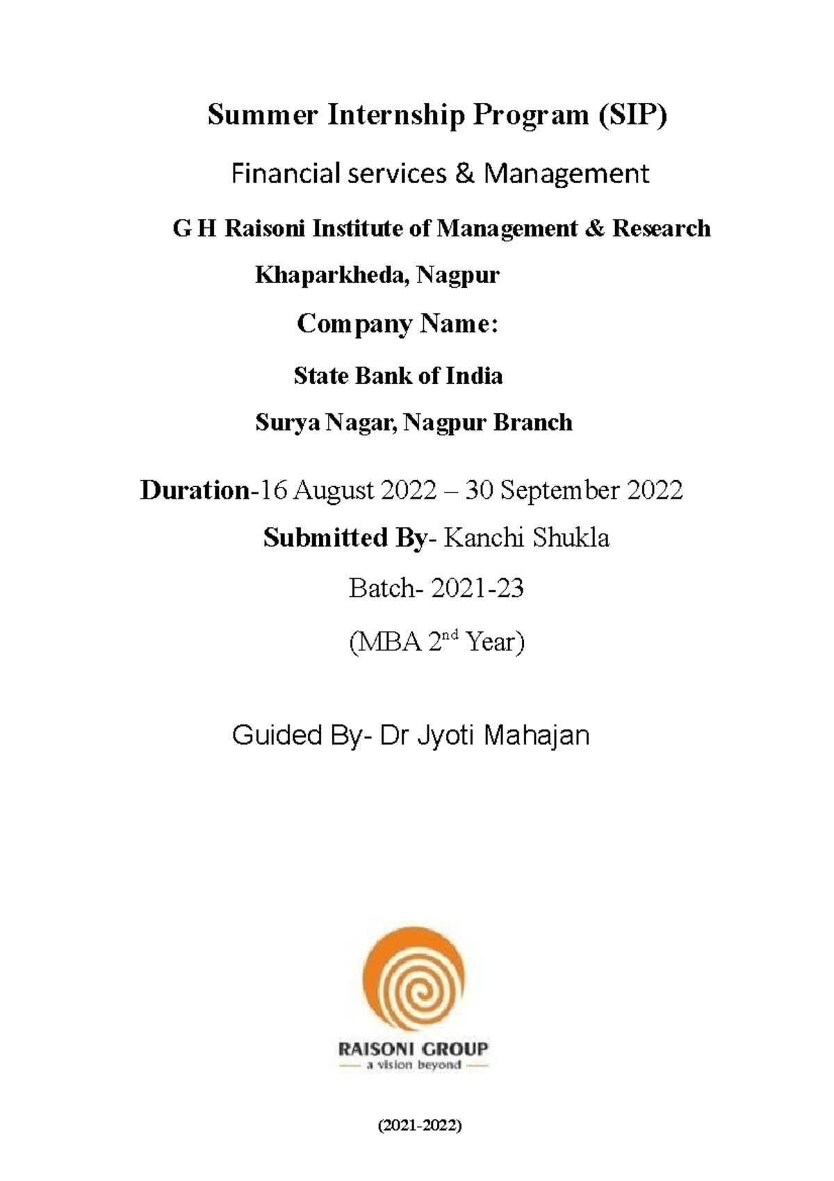 project on sip w - Summer Internship Program (SIP) Financial services ...