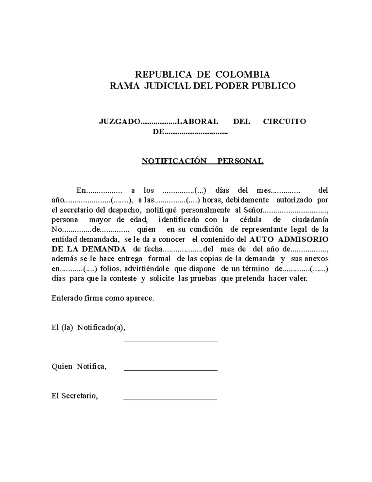 ACTA DE Notificacion Personal Y Traslado - REPUBLICA DE COLOMBIA RAMA ...